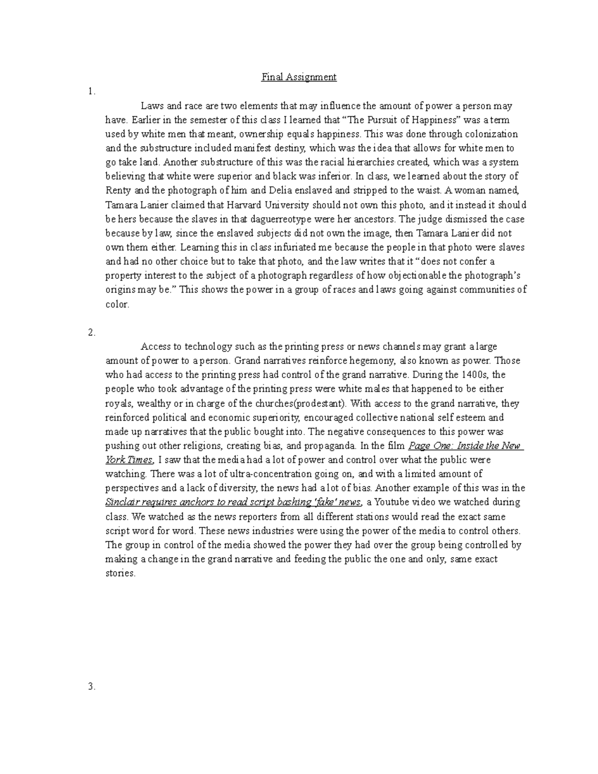 .Final Assignment JOR - Final Assignment 1. Laws and race are two ...