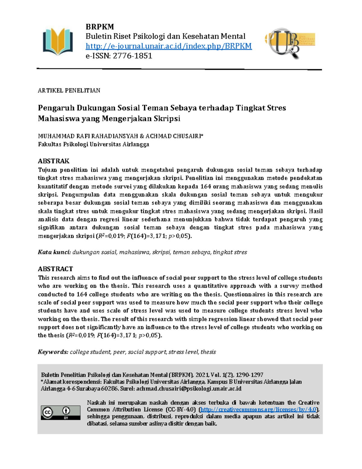 Pengaruh Dukungan Sosial Teman Sebaya terhadap Tingkat Stres Mahasiswa yang Mengerjakan Skripsi ...
