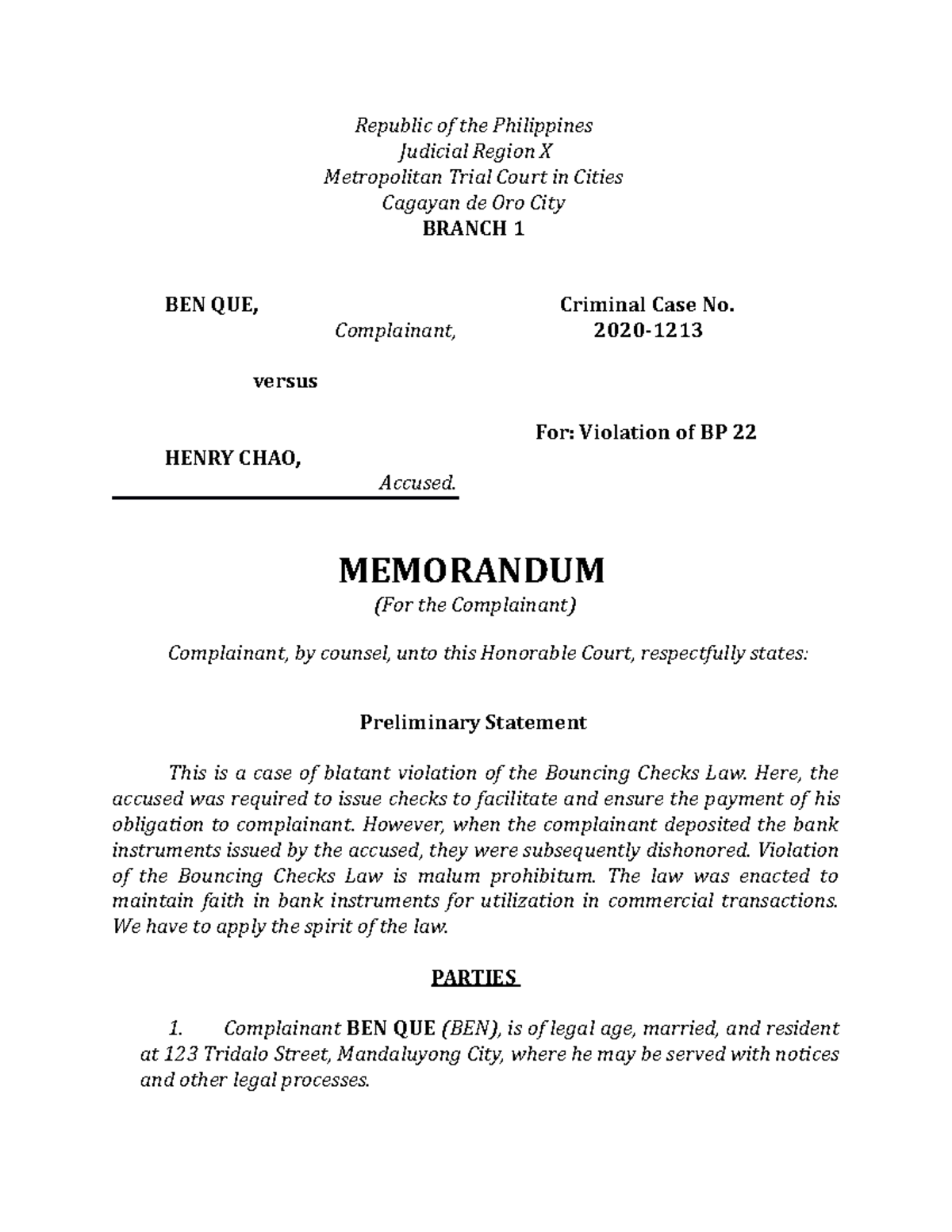 Memorandum Prosecution side - Republic of the Philippines Judicial ...