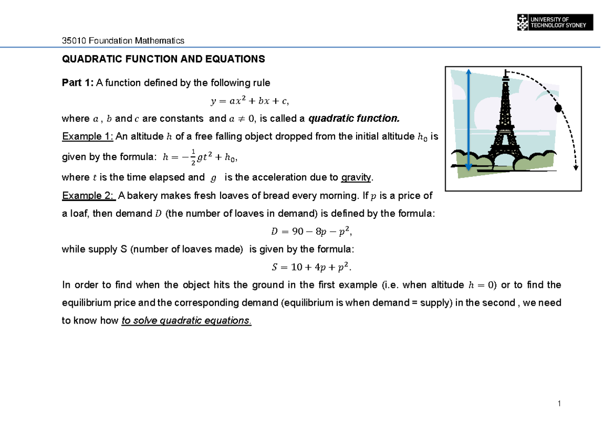 Quadratic Eqns-A22 - lecture notes - QUADRATIC FUNCTION AND EQUATIONS ...