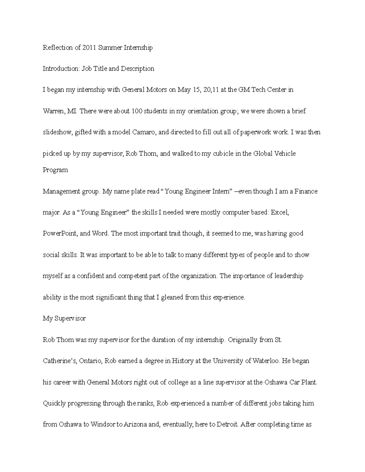 Reflection of 2011 Summer Internship - Reflection of 2011 Summer ...