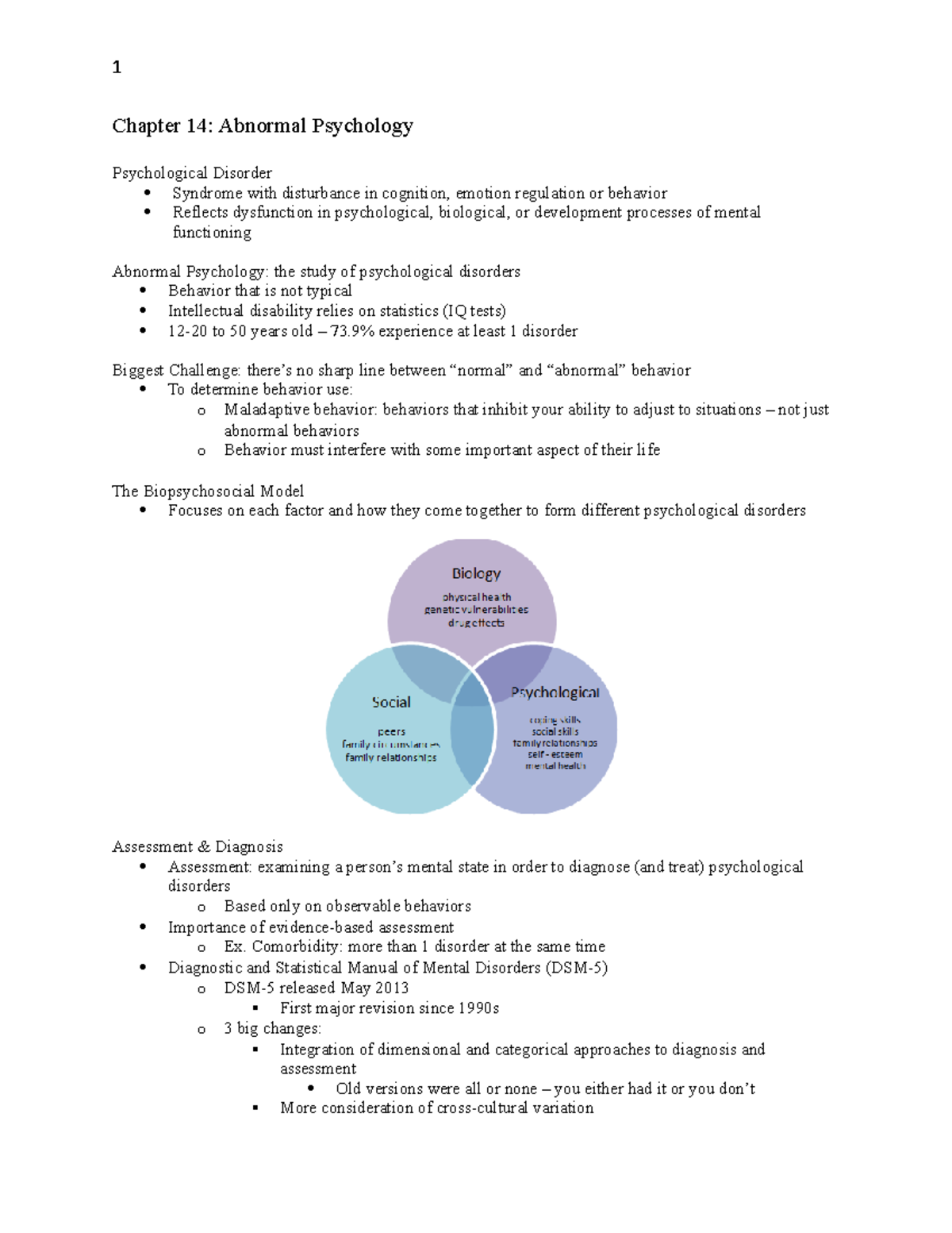 Chapter 14 Notes - Chapter 14: Abnormal Psychology Psychological ...