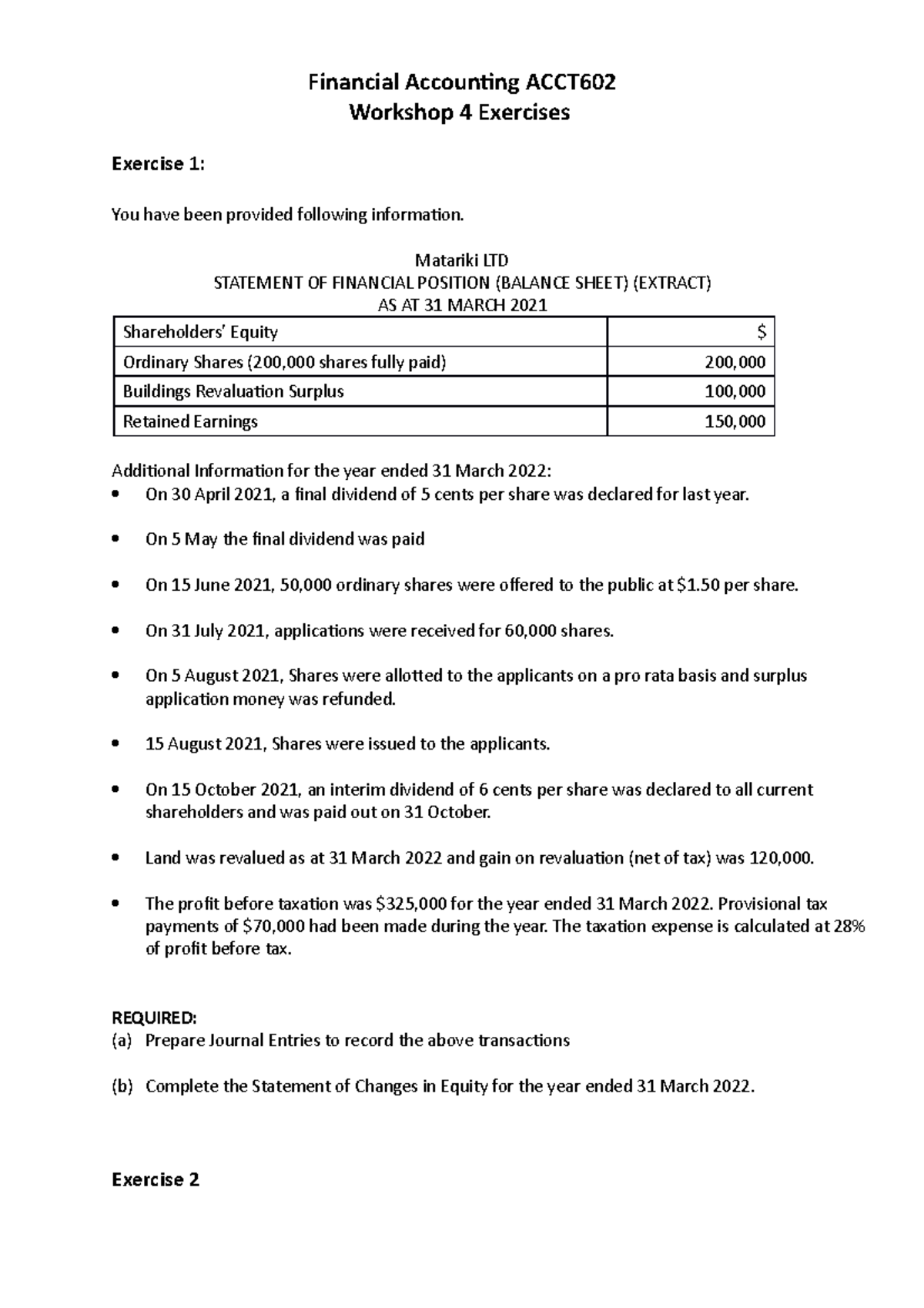 Workshop 4 Exercises - Financial Accounting ACCT Workshop 4 Exercises ...
