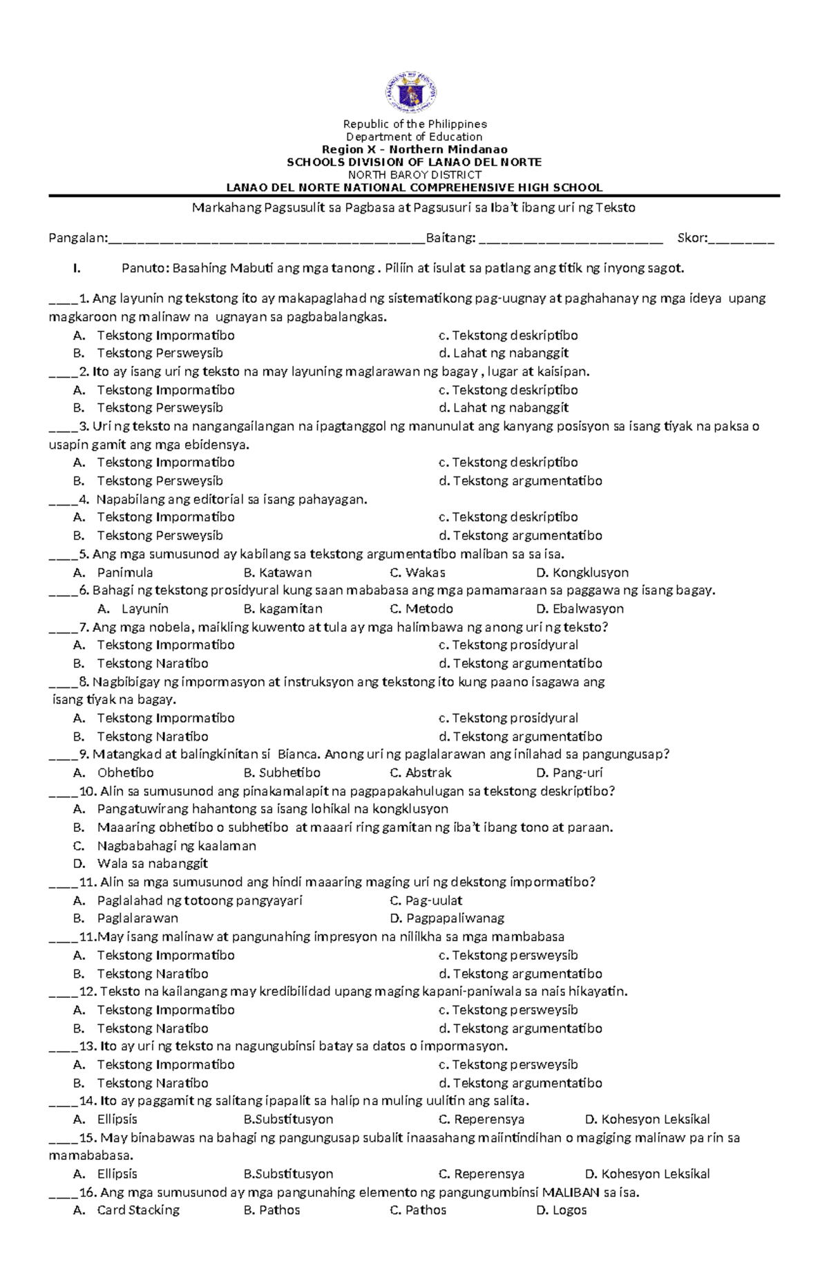 Exam- pagbasa - Republic of the Philippines Department of Education ...