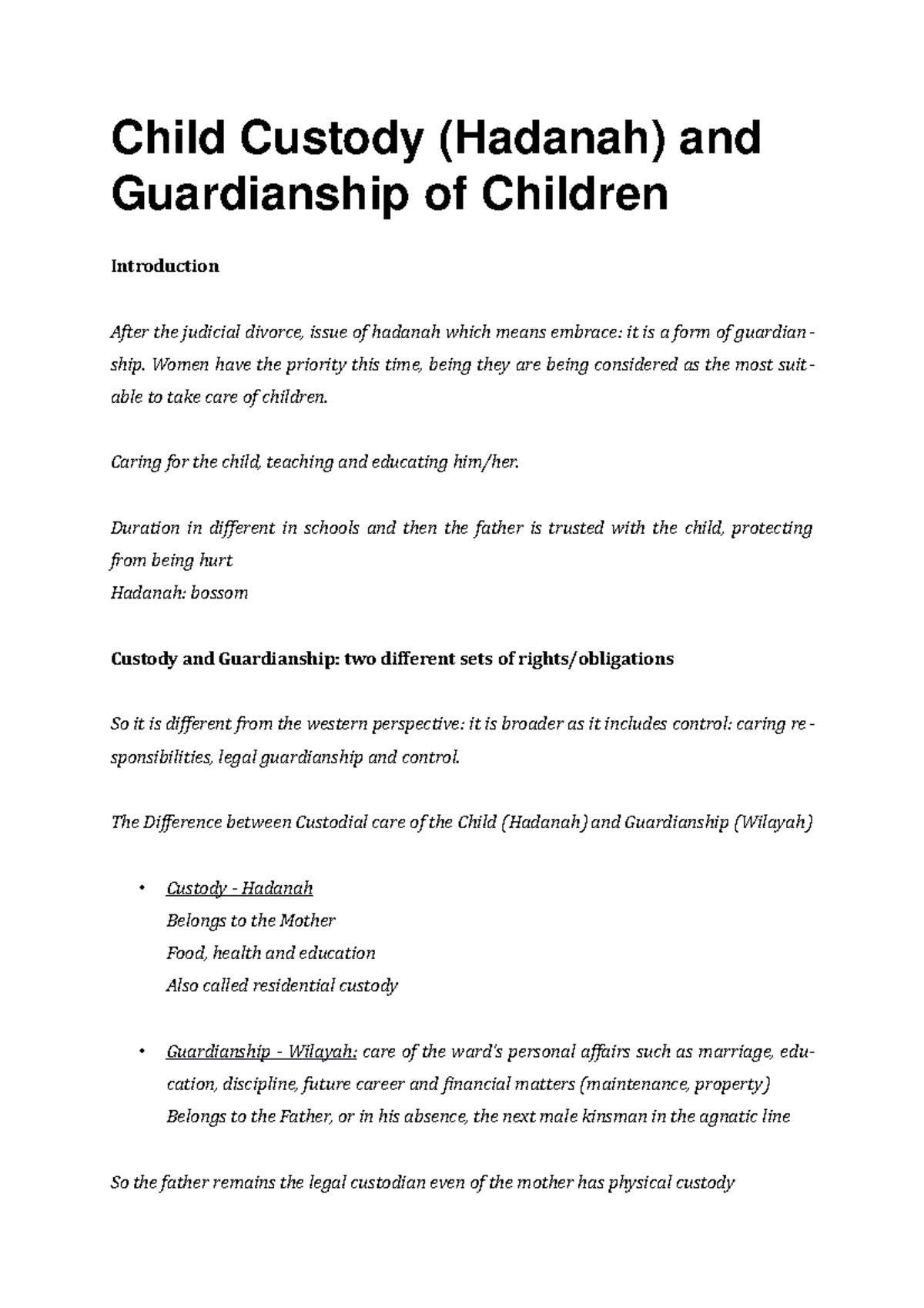 Child Custody (Hadanah) and Guardianship of Children - Chi ld Cust ody ...