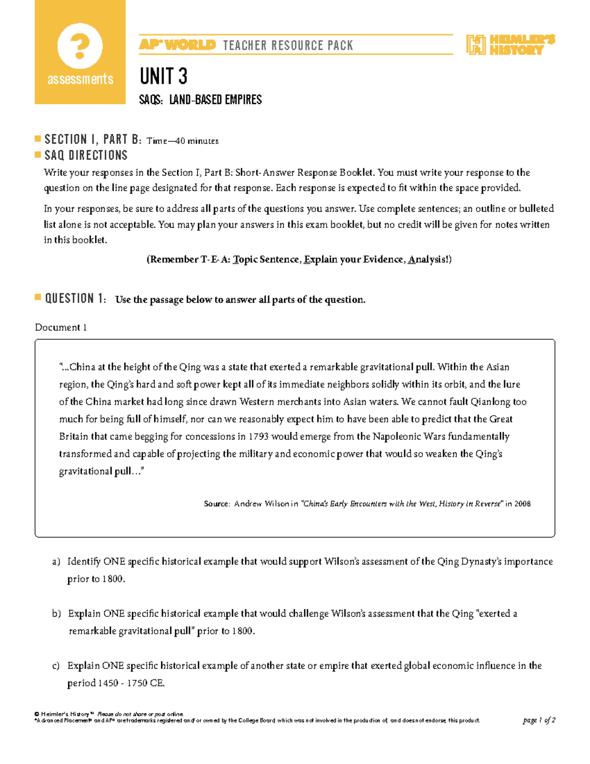 APW TRP Assess UNIT 3 SAQ - *Advanced Placement© Heimler’s History ...