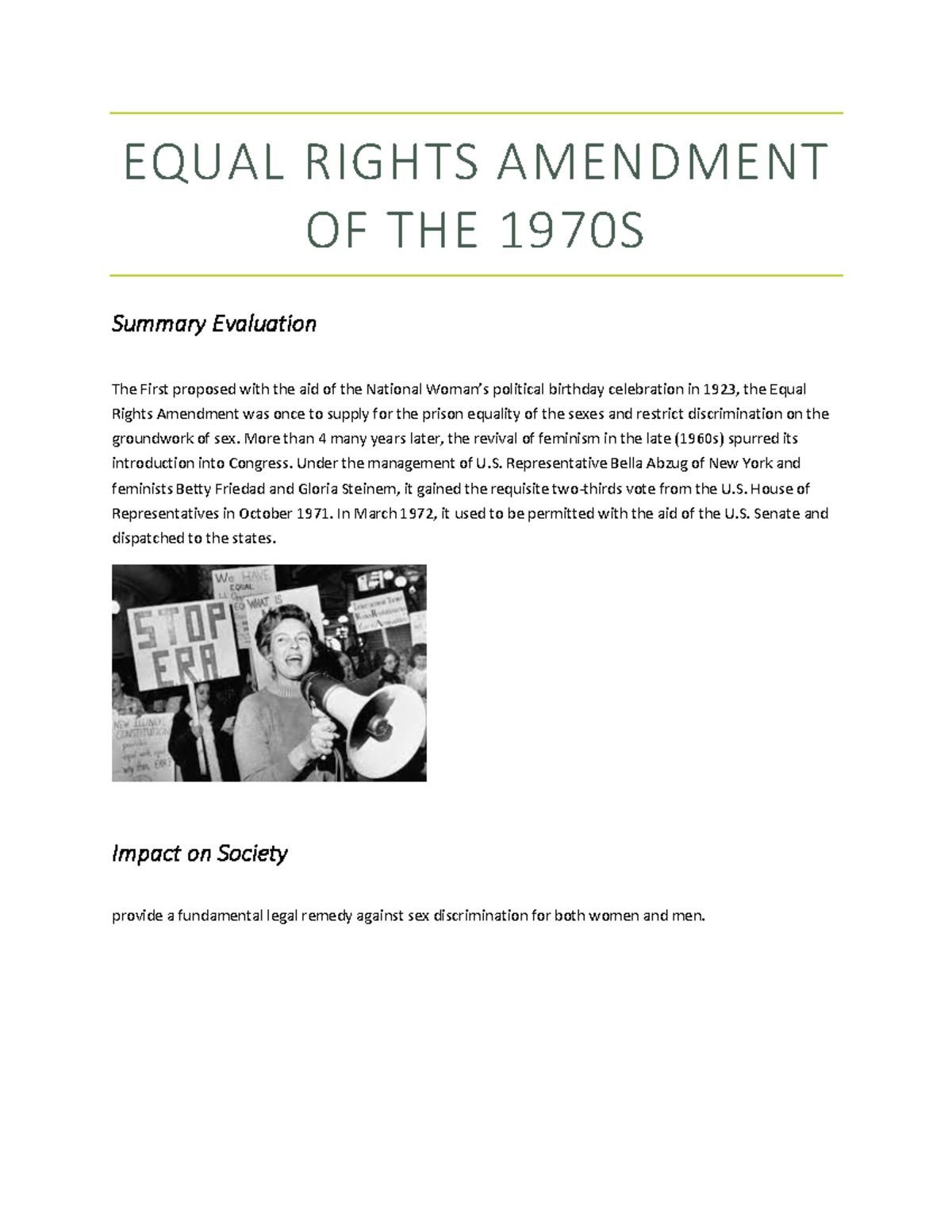 Equal Rights Amendment OF THE 1970S Summary Evaluation - EQUAL RIGHTS ...