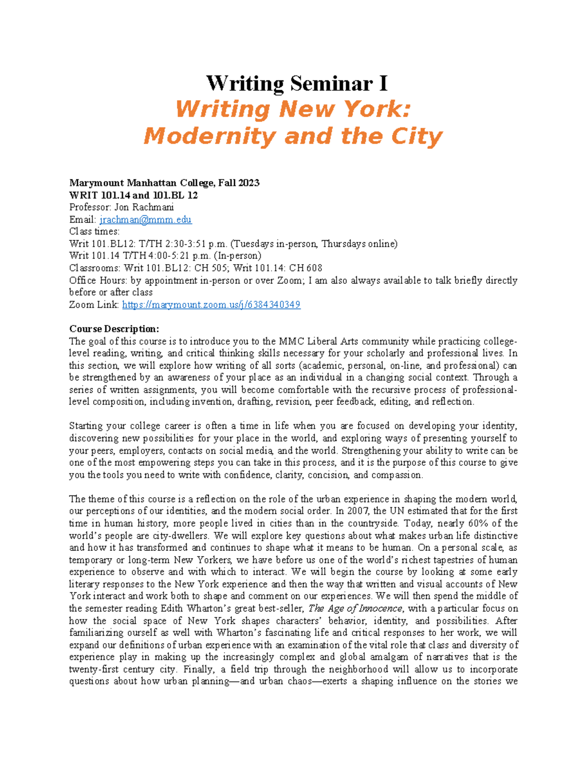 MMM Writ 101 FALL syllabus - Writing Seminar I Writing New York ...