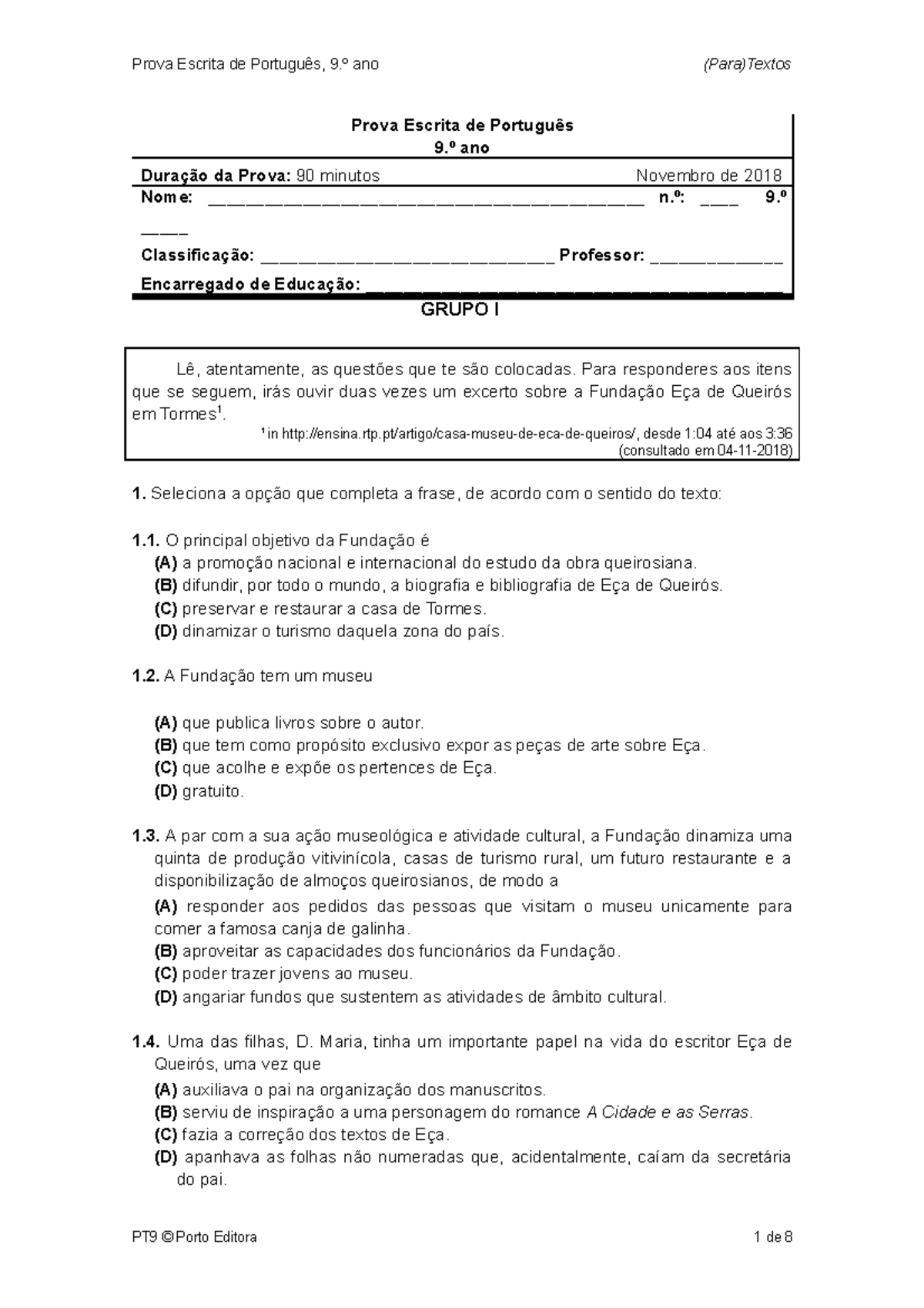 A aia - teste - Prova Escrita de Português 9.º ano Duração da Prova: 90 ...