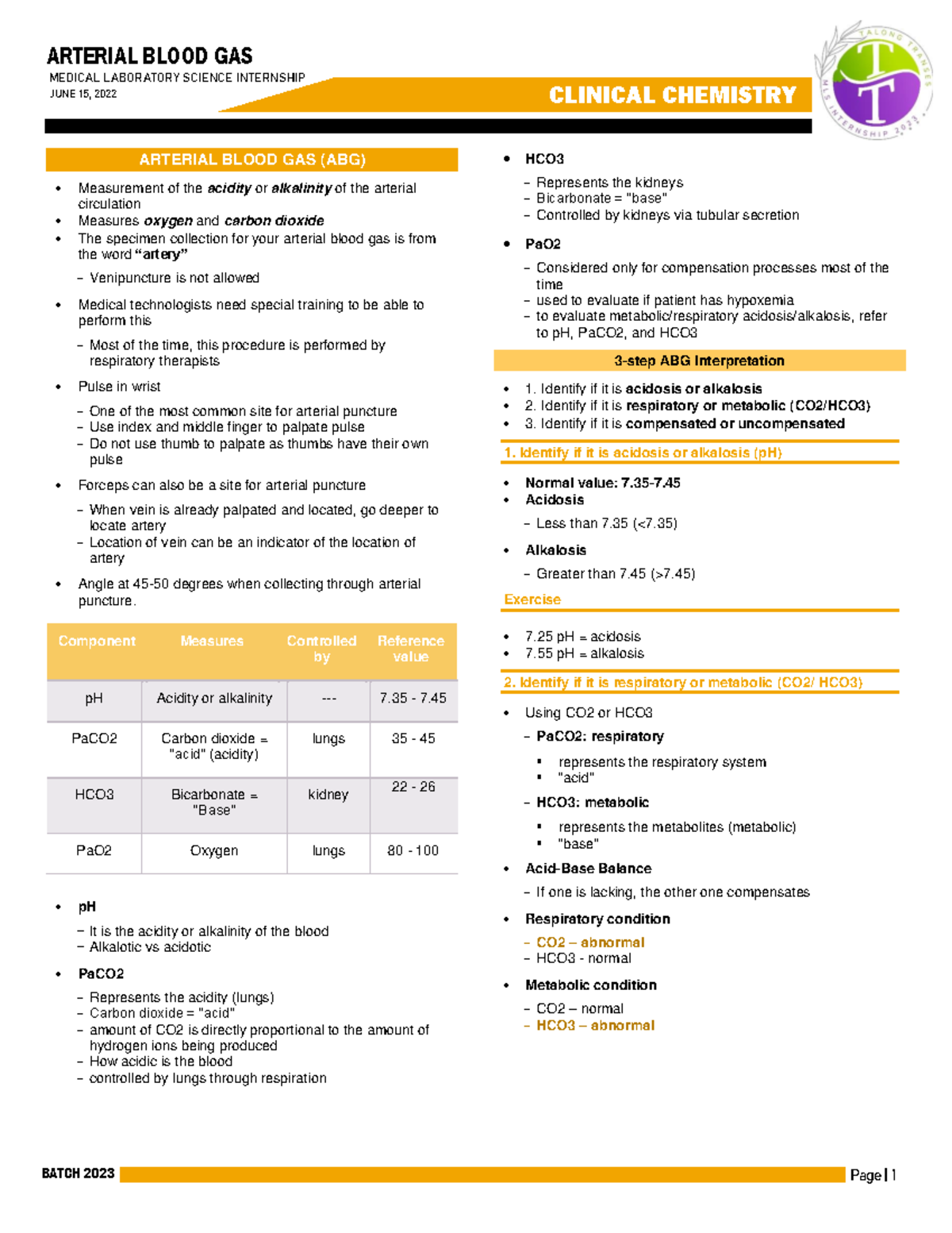 CC EPISODE 1 LECTURE FOR CARBS - BATCH 2023 Page | 1 ARTERIAL BLOOD GAS ...