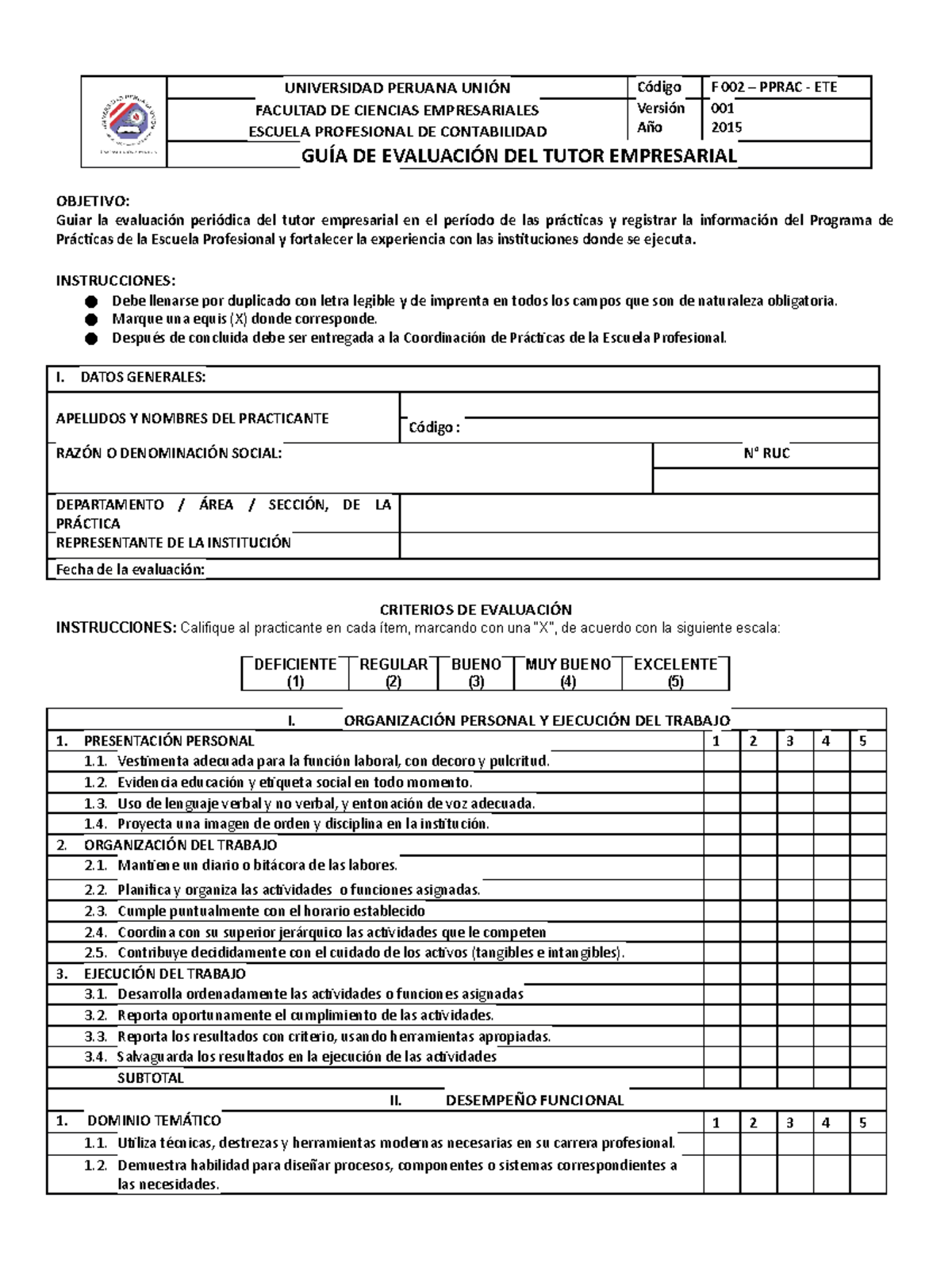 Formato EVA Tutor EMPR Practicas - UNIVERSIDAD PERUANA UNIÓN Código F ...