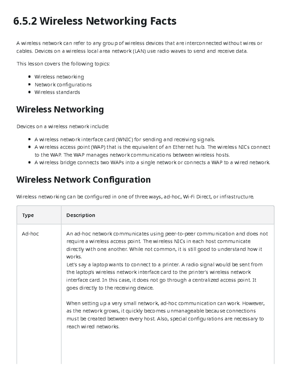 6.5.2 wireless networking facts - 6.5 Wireless Networking Facts A wireless network can refer to ...