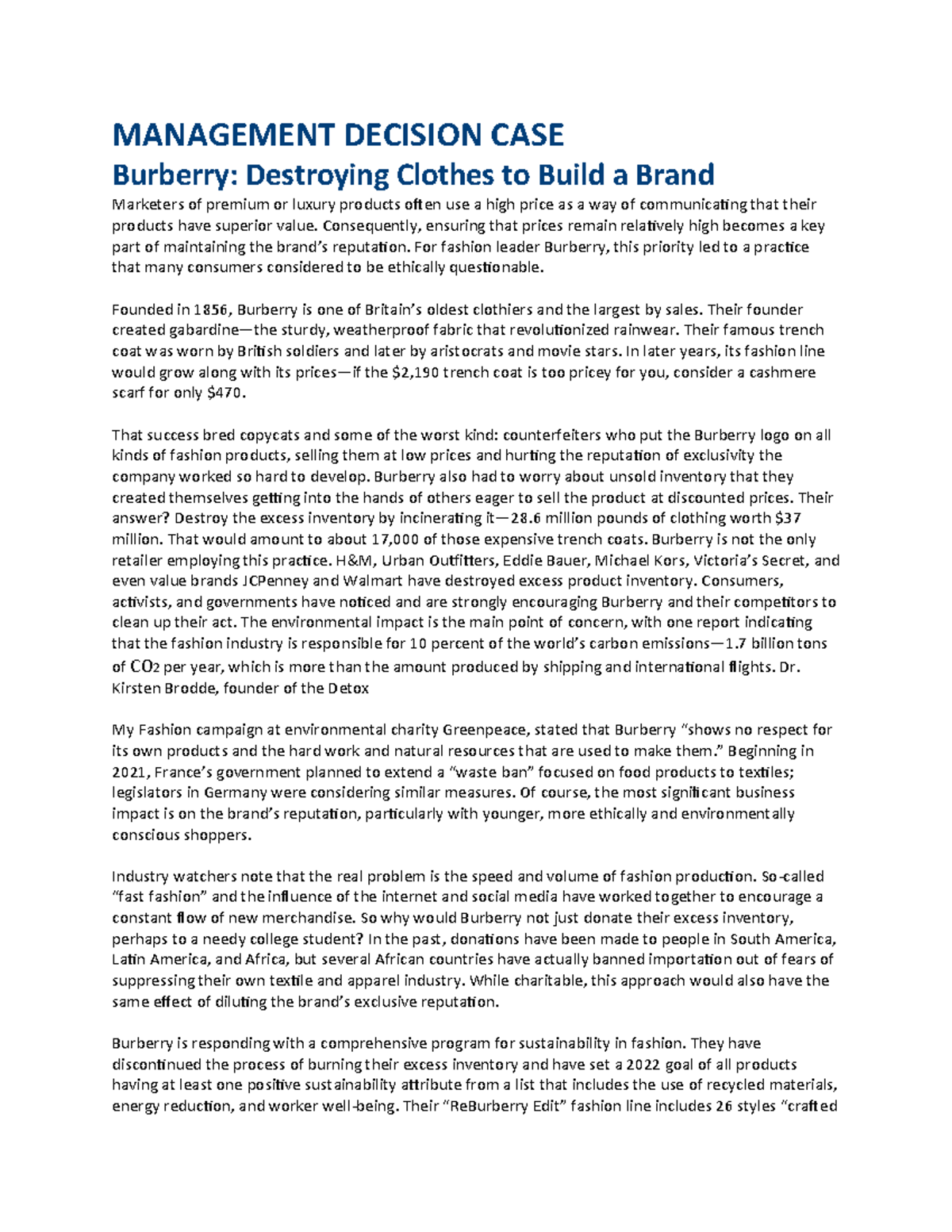 Burrberry - Management decision case - MANAGEMENT DECISION CASE ...