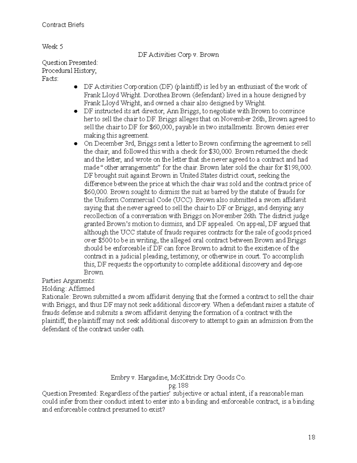 Contract Briefs-W5 - Briefs From Week 5 - Week 5 DF Activities Corp v ...