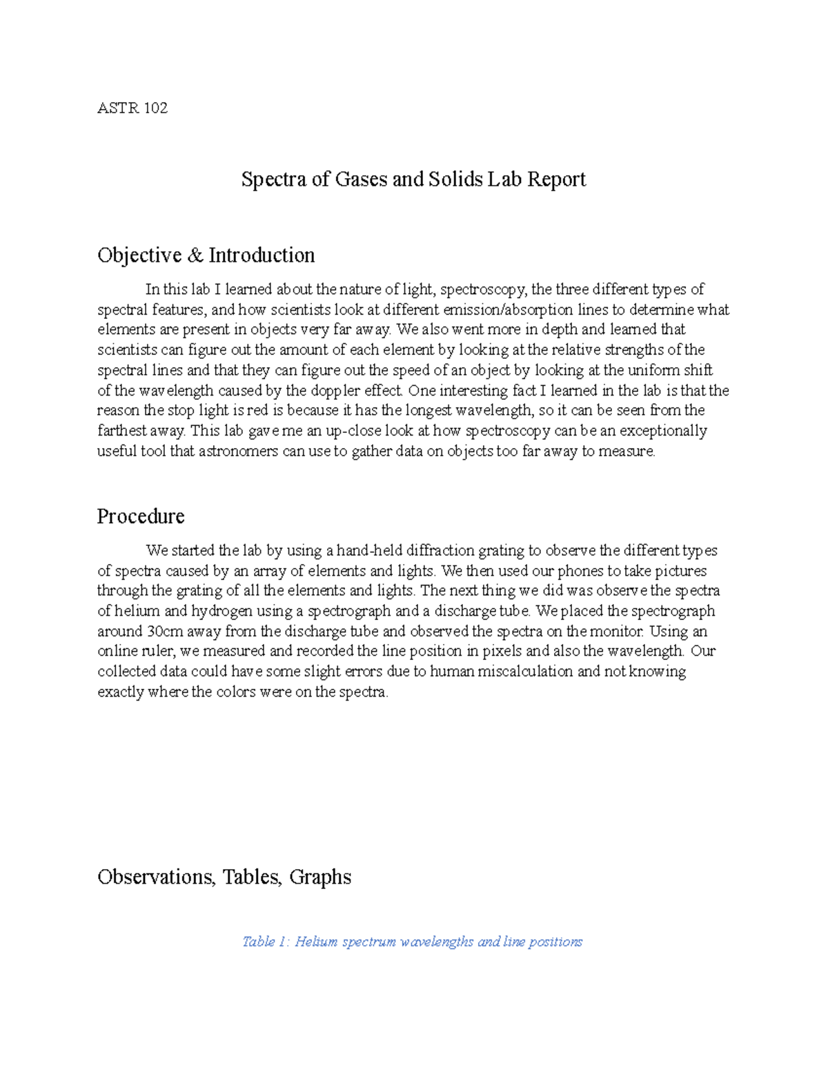 Spectra Lab Report - ASTR 102 Spectra of Gases and Solids Lab Report ...