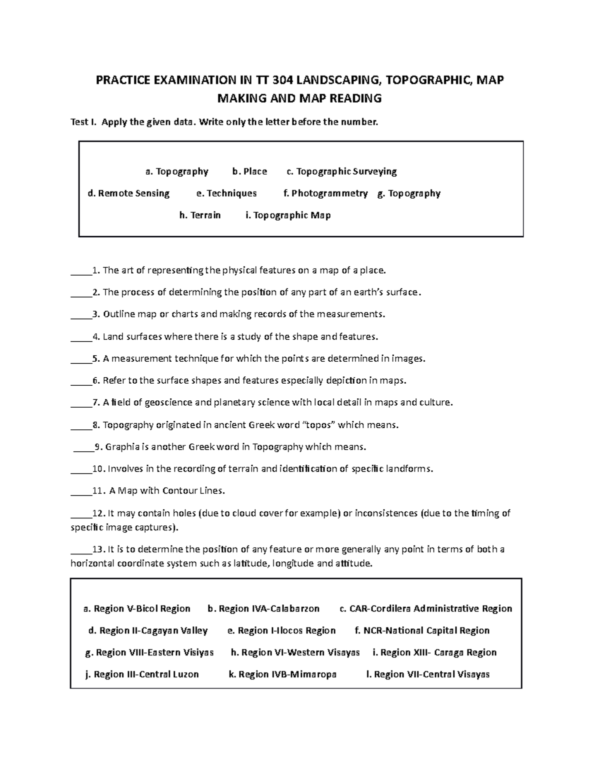 Practice Examination IN Landscaping, Topographic, MAP Making AND MAP ...
