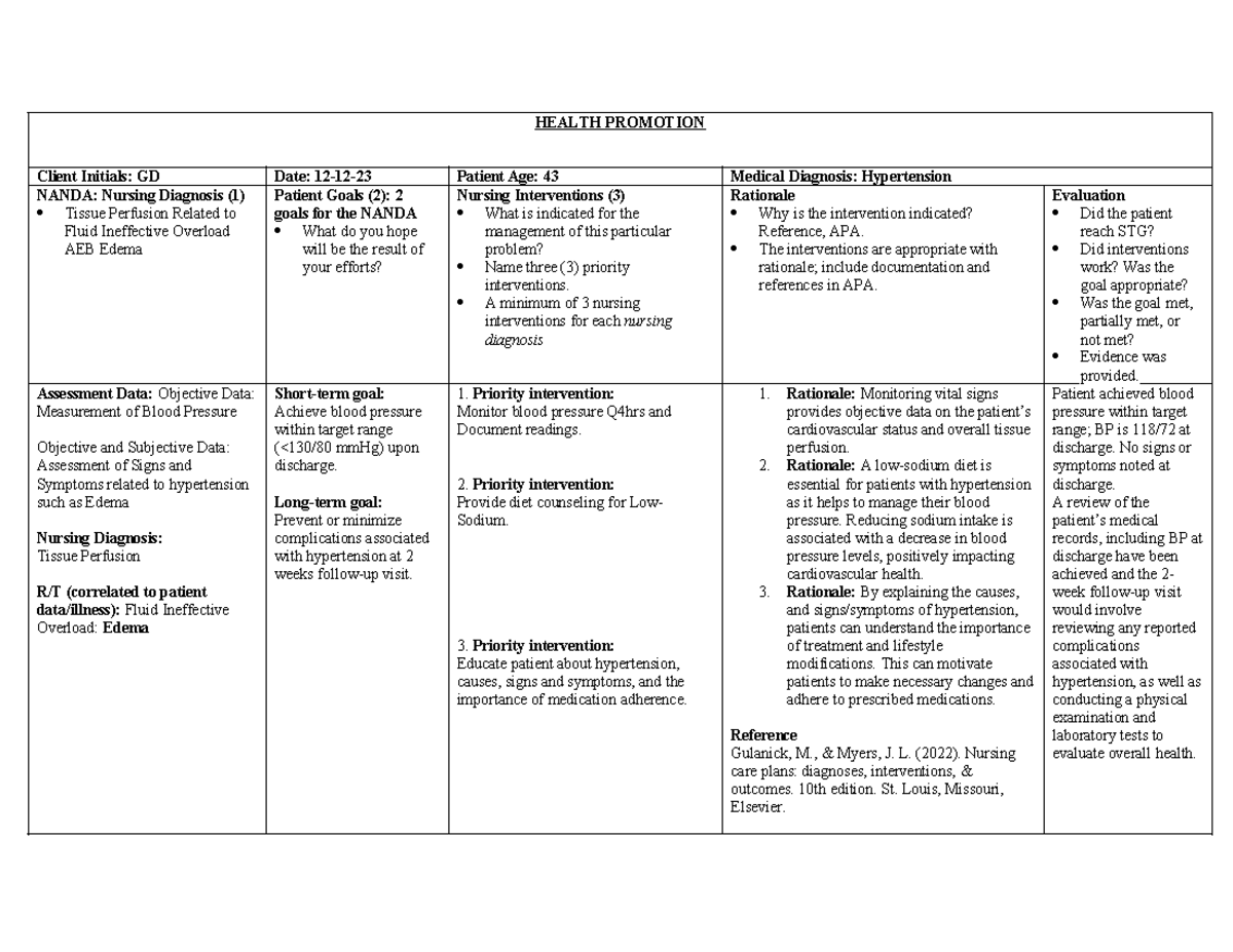 Hypertension Care Plan Template 1212 - HEALTH PROMOTION Client Initials ...