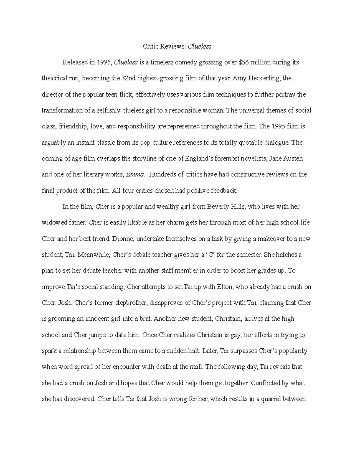 Clueless Paper - Grade: A - Critic Reviews: Clueless Released in 1995 ...