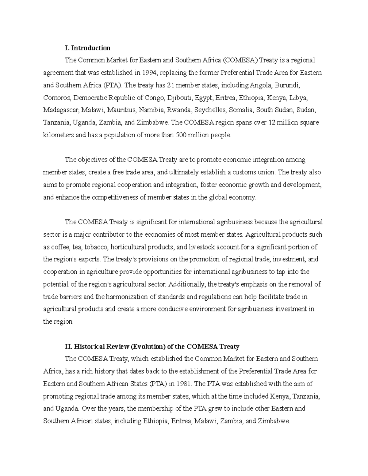 Comesa Treaty final - assignment - I. Introduction The Common Market ...