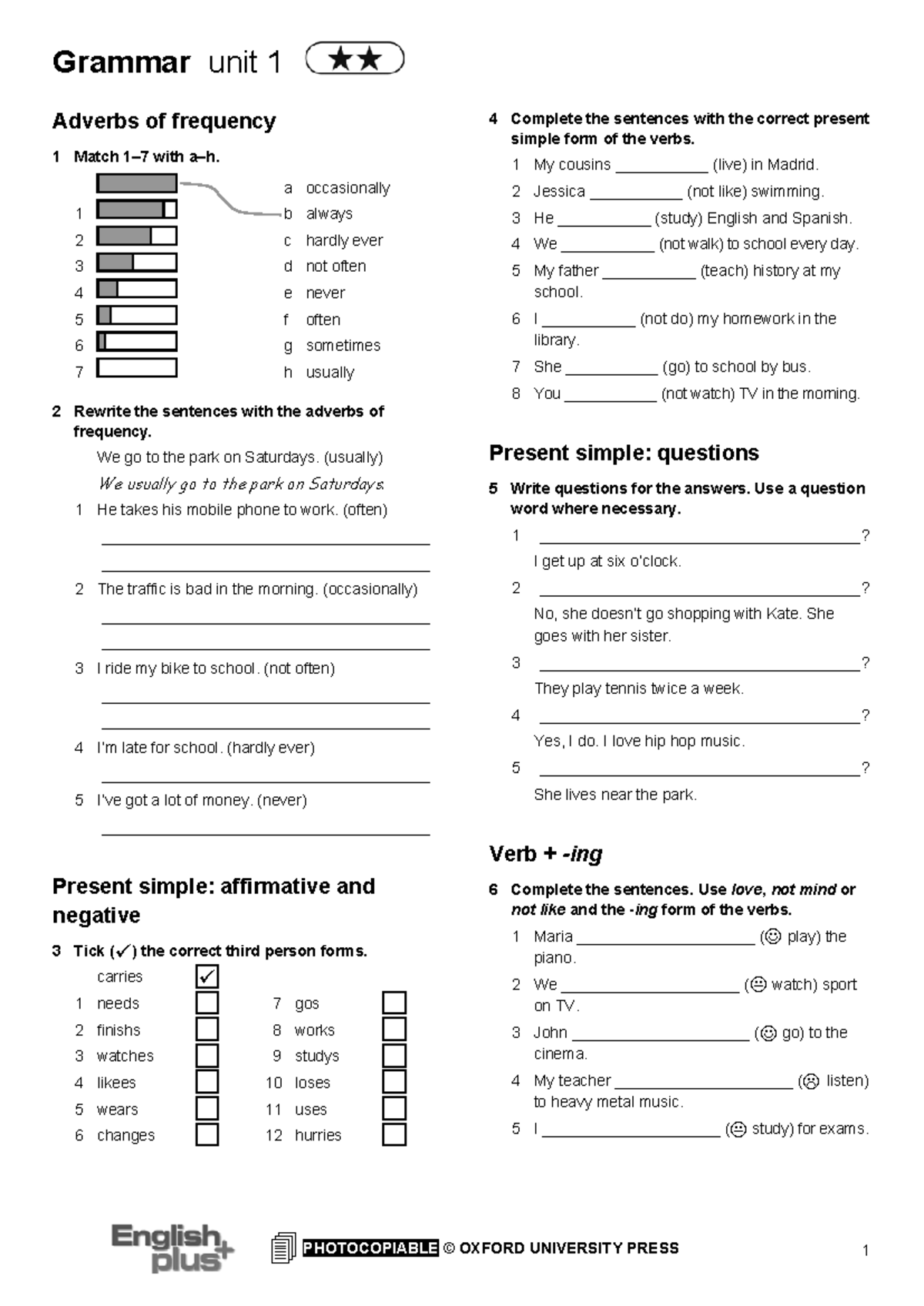 English PLUS Present Simple Revision - Grammar unit 1 PHOTOCOPIABLE ...