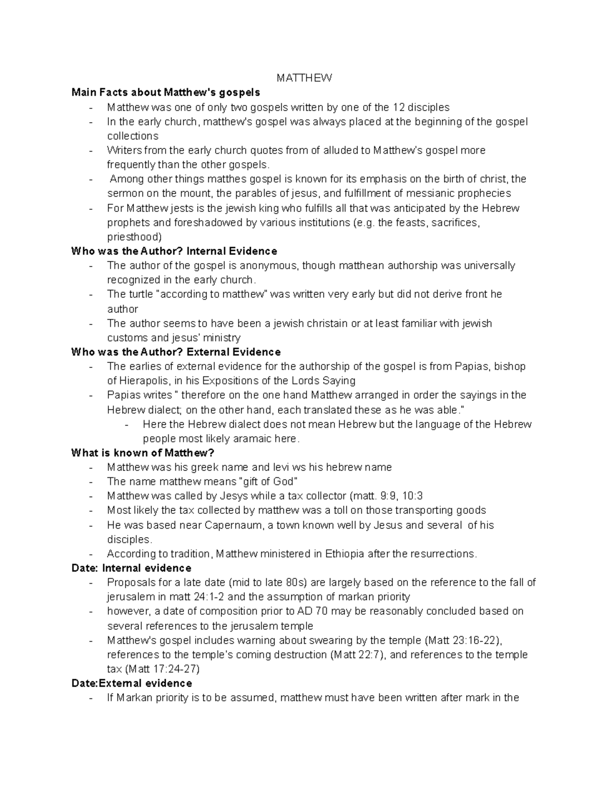 Matthew - typed class notes - MATTHEW Main Facts about Matthew's ...