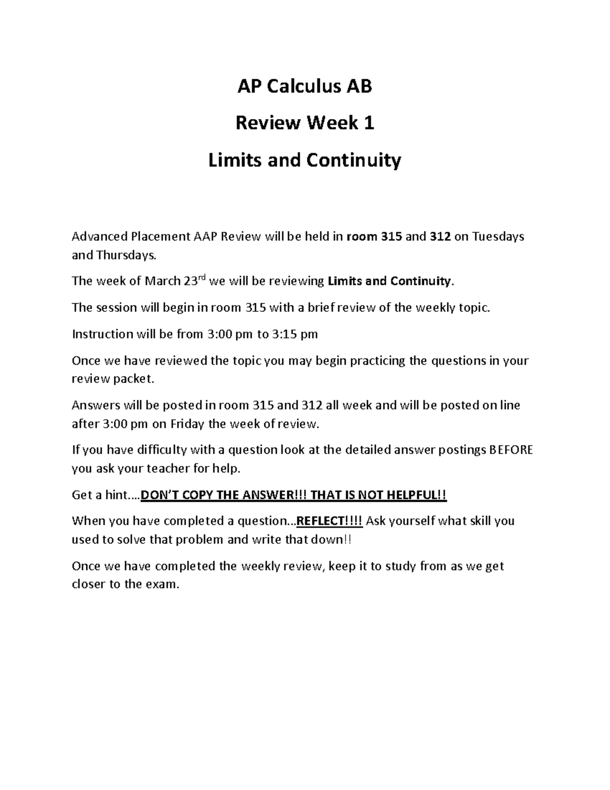 Limits Practice 2 - AP Calculus AB Review Week 1 Limits and Continuity ...