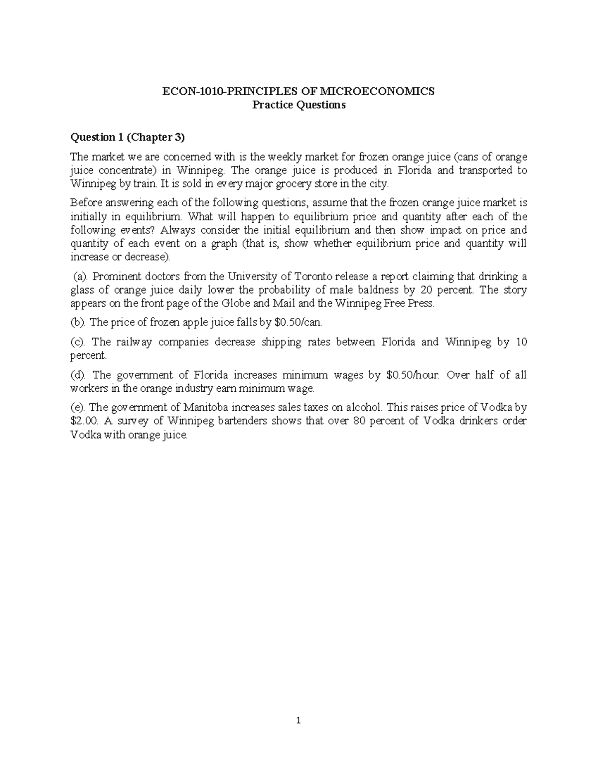 Exercises on Chapter 2 and 3 - ECON-1010-PRINCIPLES OF MICROECONOMICS ...