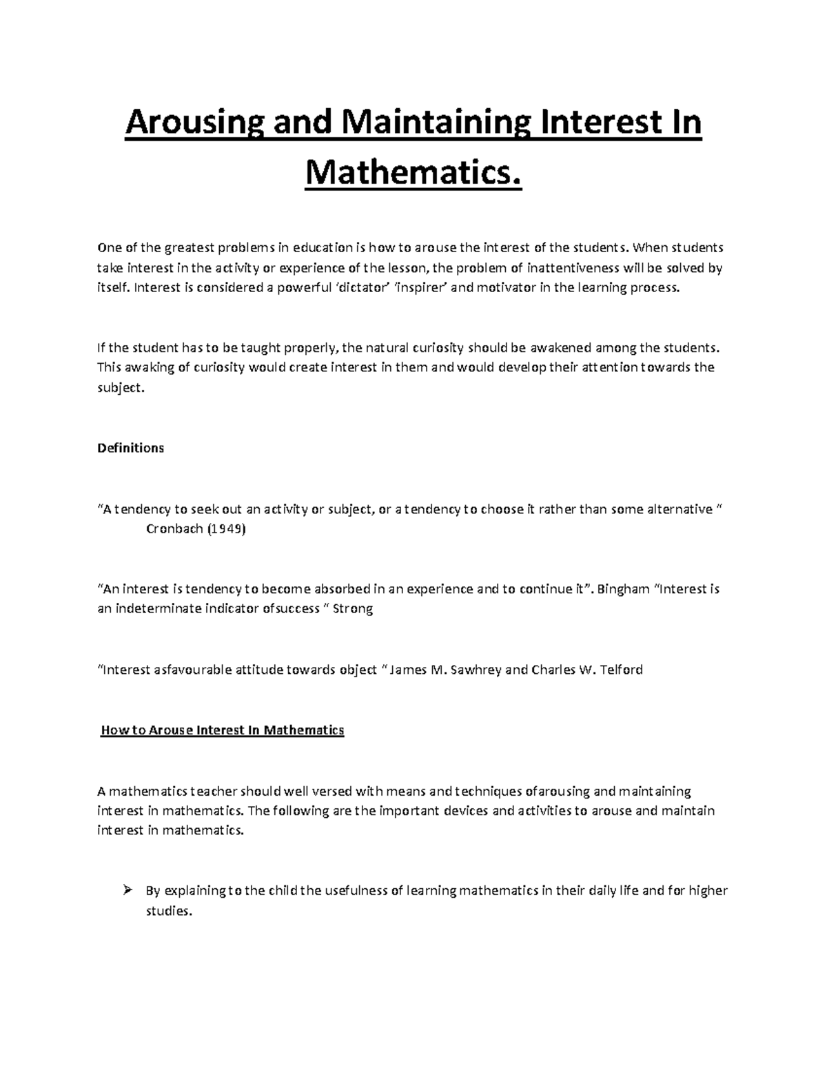 Arousing and Maintaining Interest In Mathematics. - One of the greatest ...