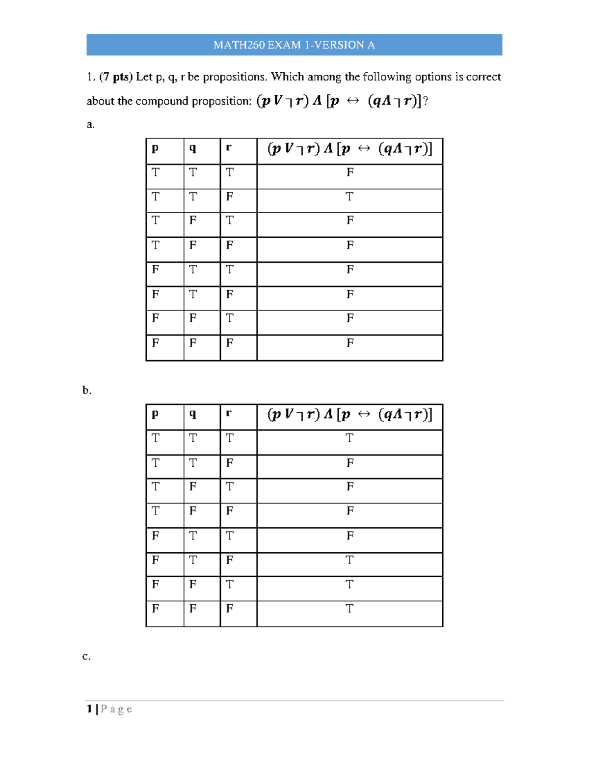 Math260 Exam1 Key Version A Spring 2020-2021 - Discrete Mathematics ...