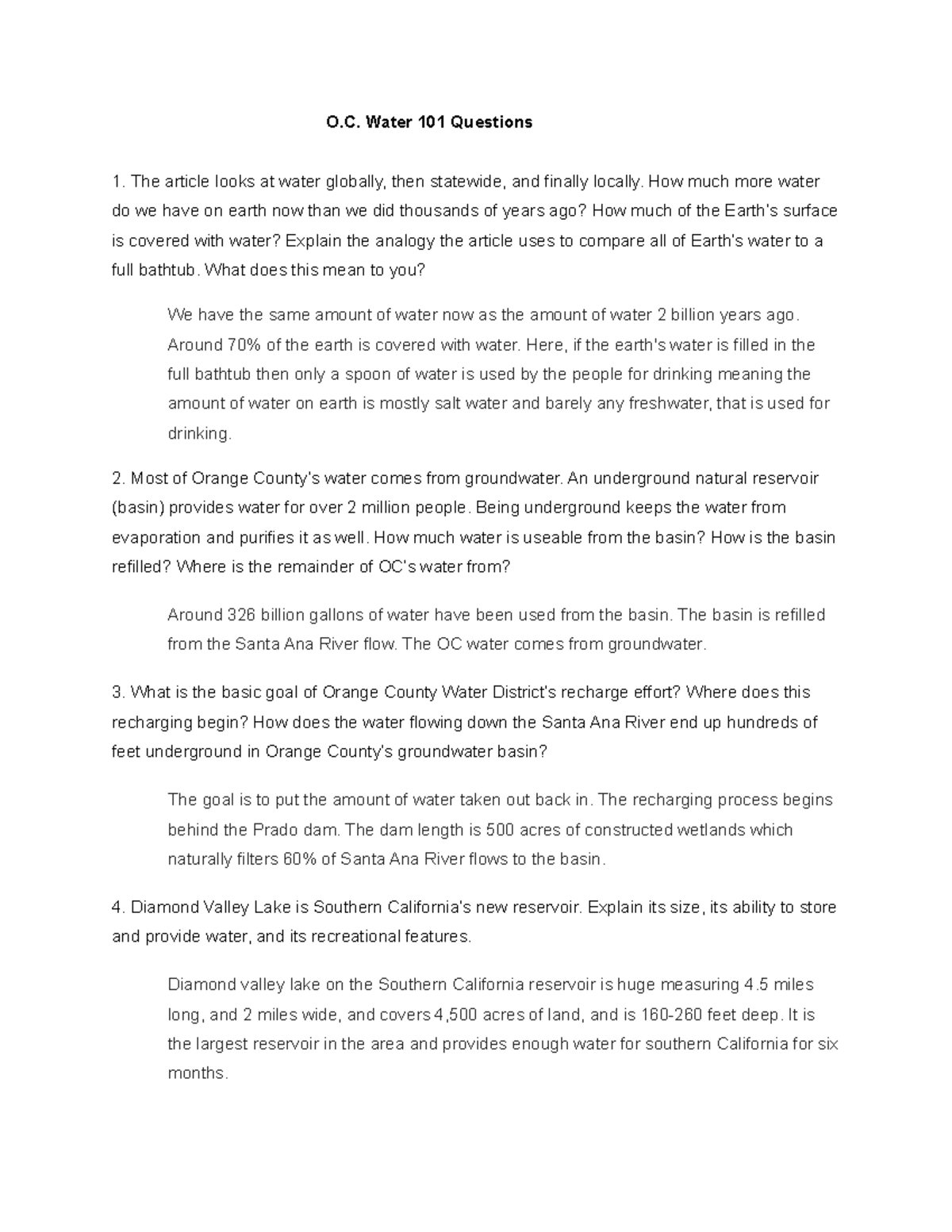 O.C. Water Article Assignment - O. Water 101 Questions The article ...