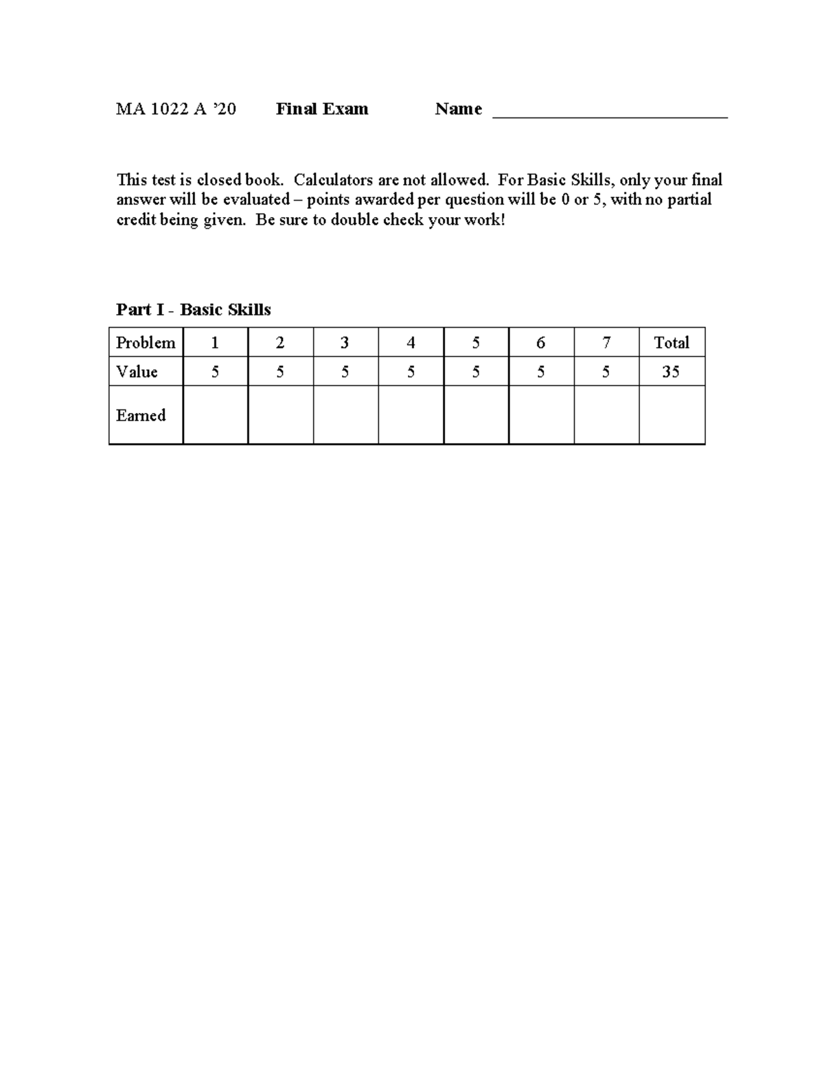 1022 Final 2020 - MA 1022 A ’20 Final Exam Name ...