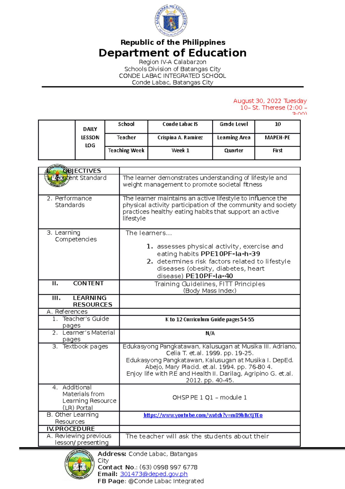 DLL - Mapeh 10 BMI - sample dll on bmi lesson - Department of Education ...