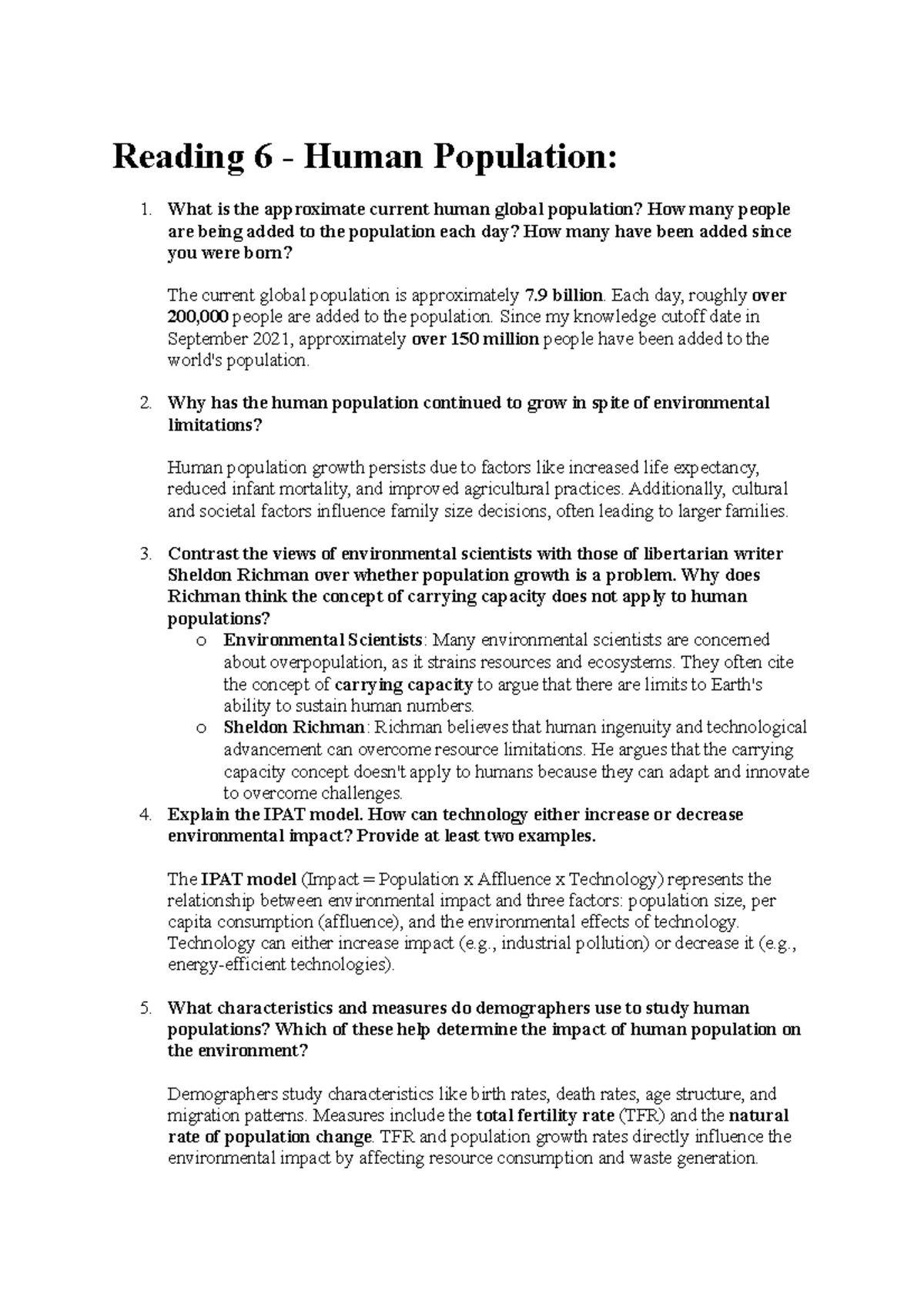 Geog 200 Reading Qs and Answers - Reading 6 - Human Population: What is ...