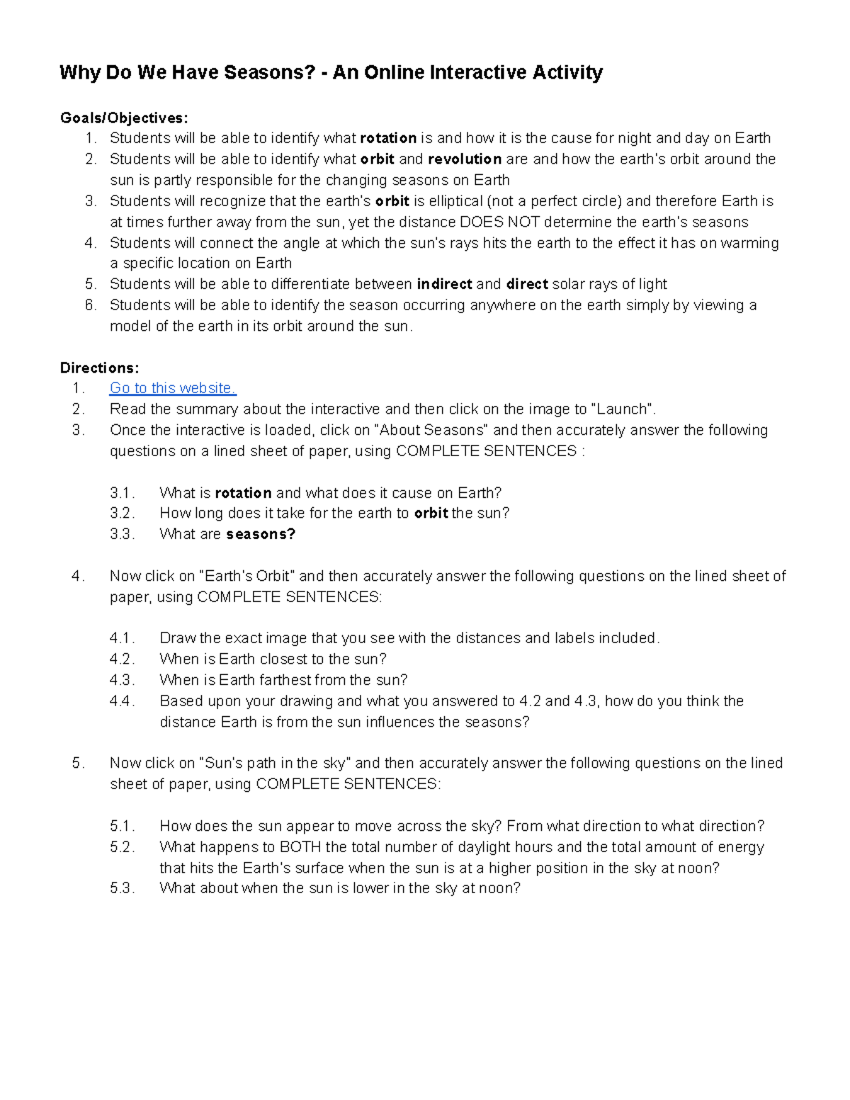 Why Do We Have Seasons - Activity for Interactive - Why Do We Have ...