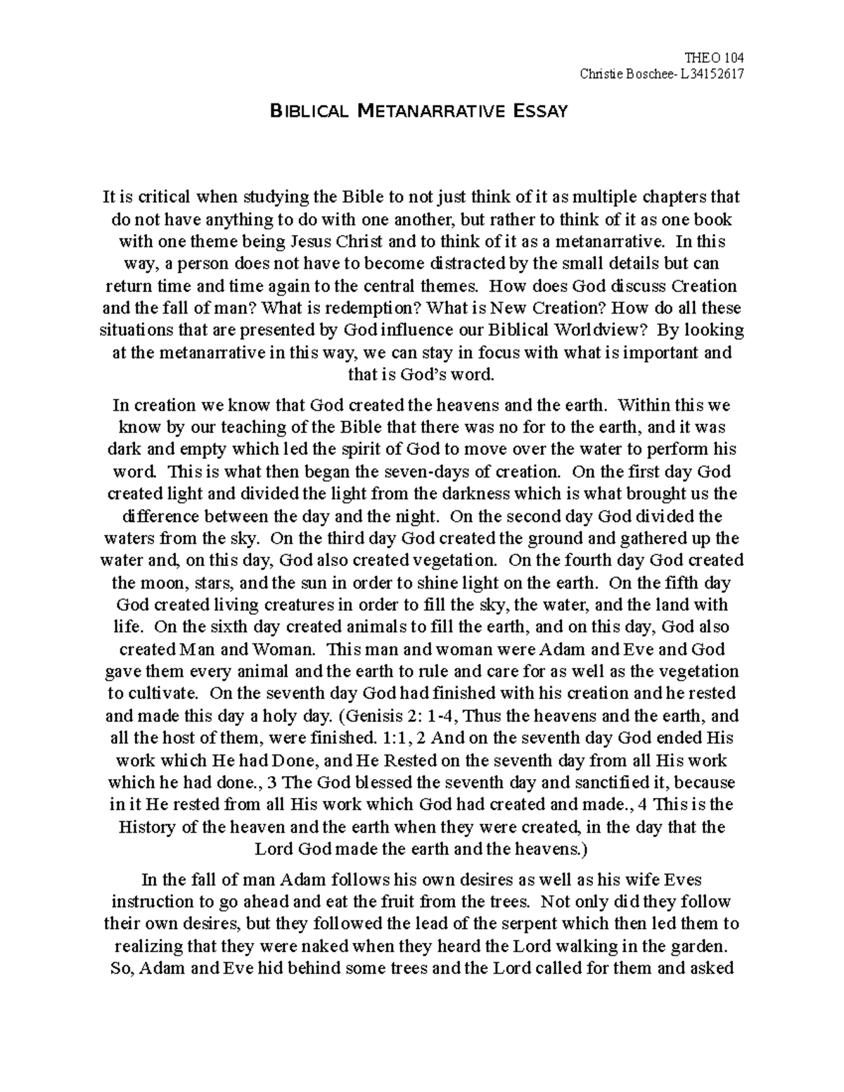 Biblical Metanarrative Essay - Christie Boschee- L BIBLICAL ...