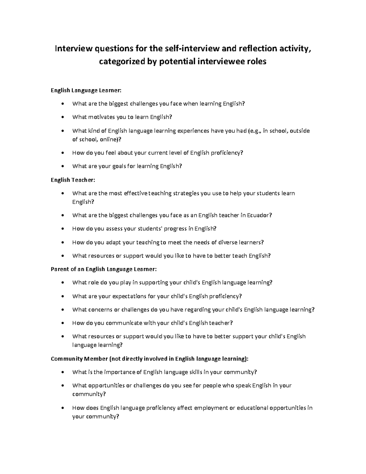 Interview questions for self interview and reflection - , in school ...
