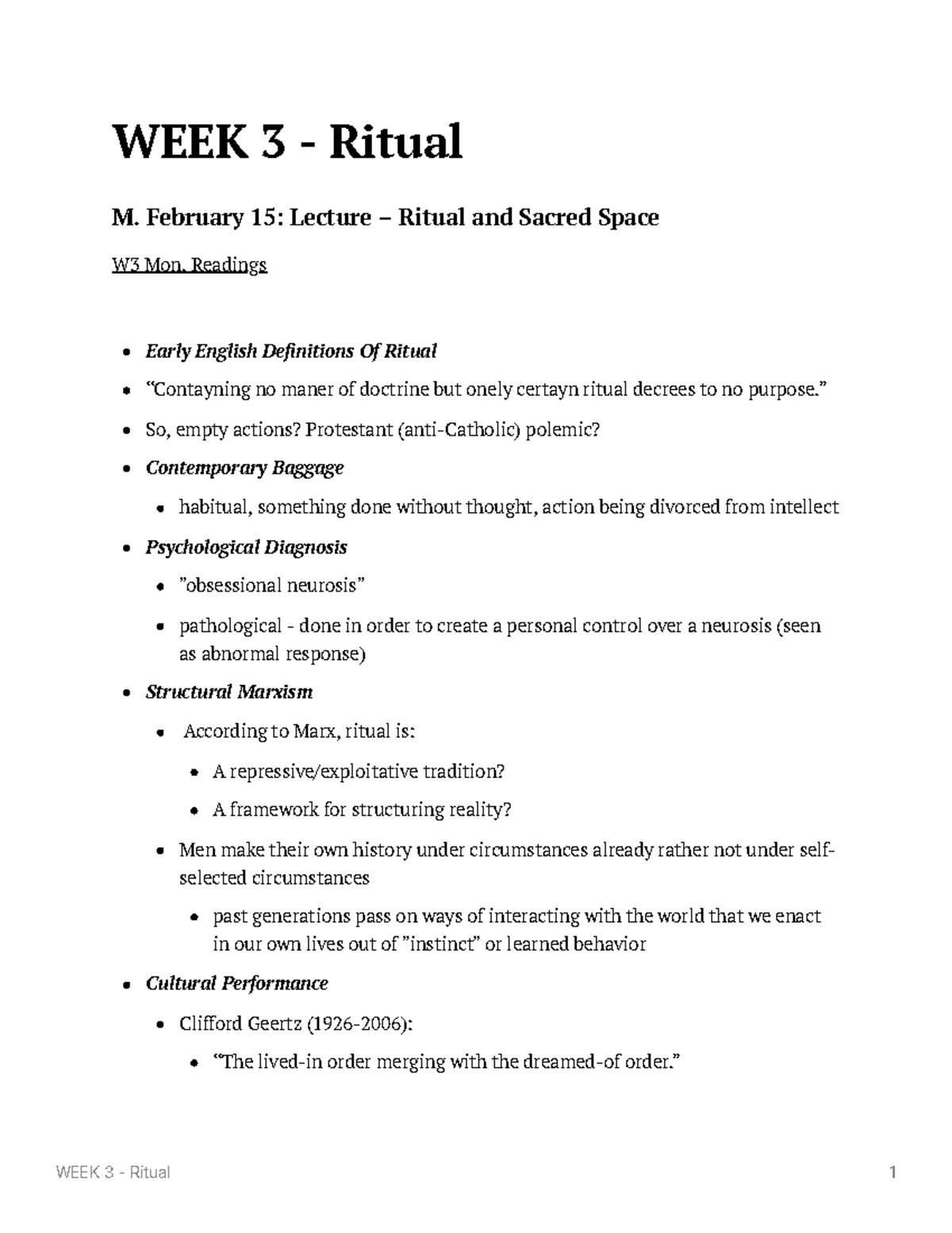 WEEK 3 - Ritual - Lecture notes 3 - WEEK 3 - Ritual M. February 15 ...