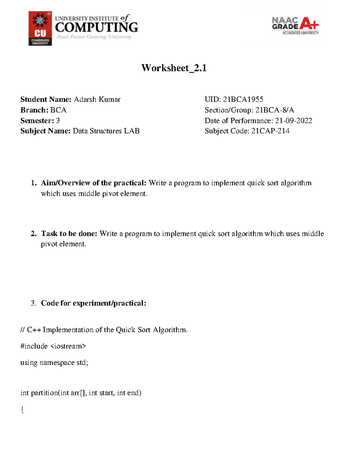 Worksheet 2.1 DS LAB 21BCA1955 - Worksheet_2. Student Name: Adarsh ...