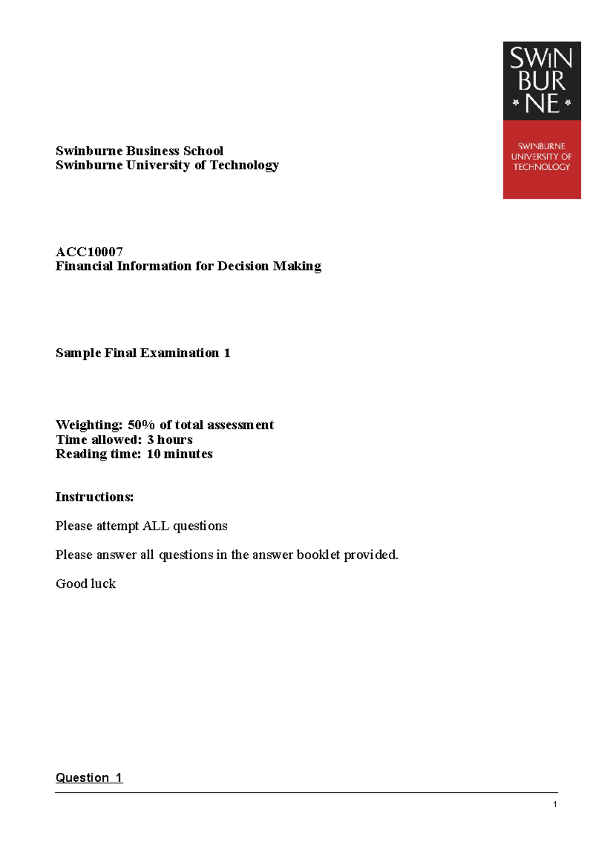 Sample Exam 1 - Swinburne Business School Swinburne University of ...