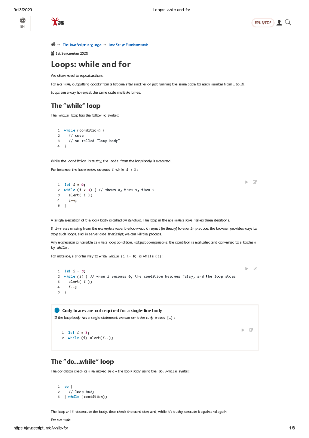 Loops While And For Lecture Notes 2 →the Javascript Language→javascript Fundamentals