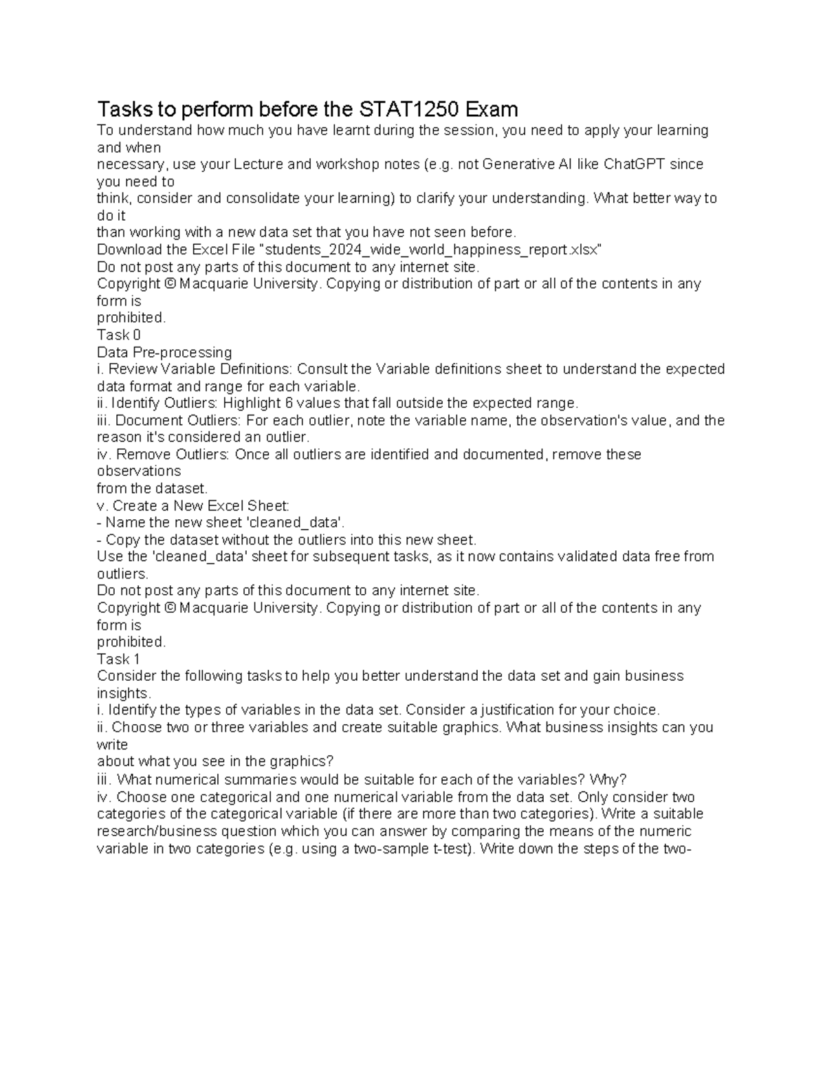 Tasks to perform - not important - Tasks to perform before the STAT1250 ...