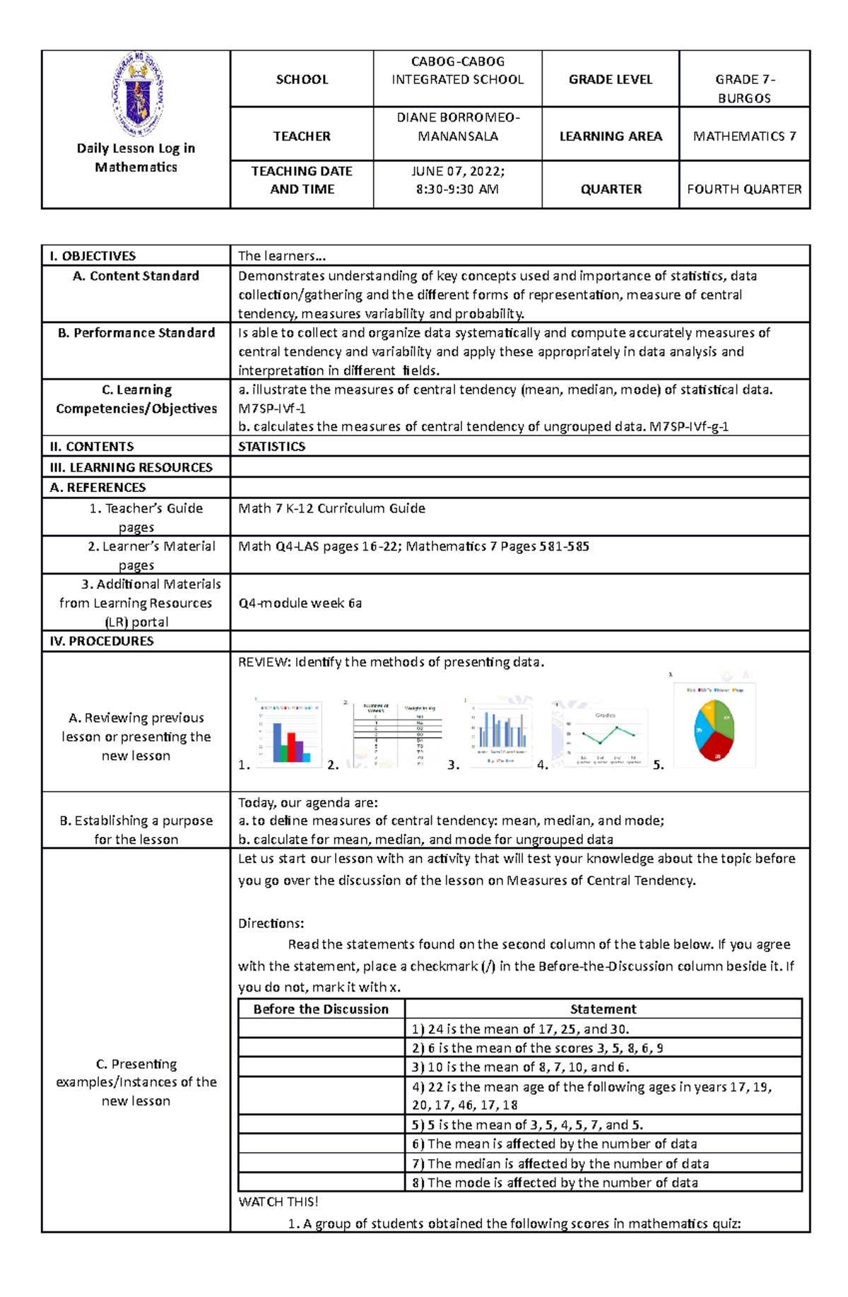 DLL Math 7 (COT1) - Daily Lesson Log in Mathematics SCHOOL CABOG-CABOG ...