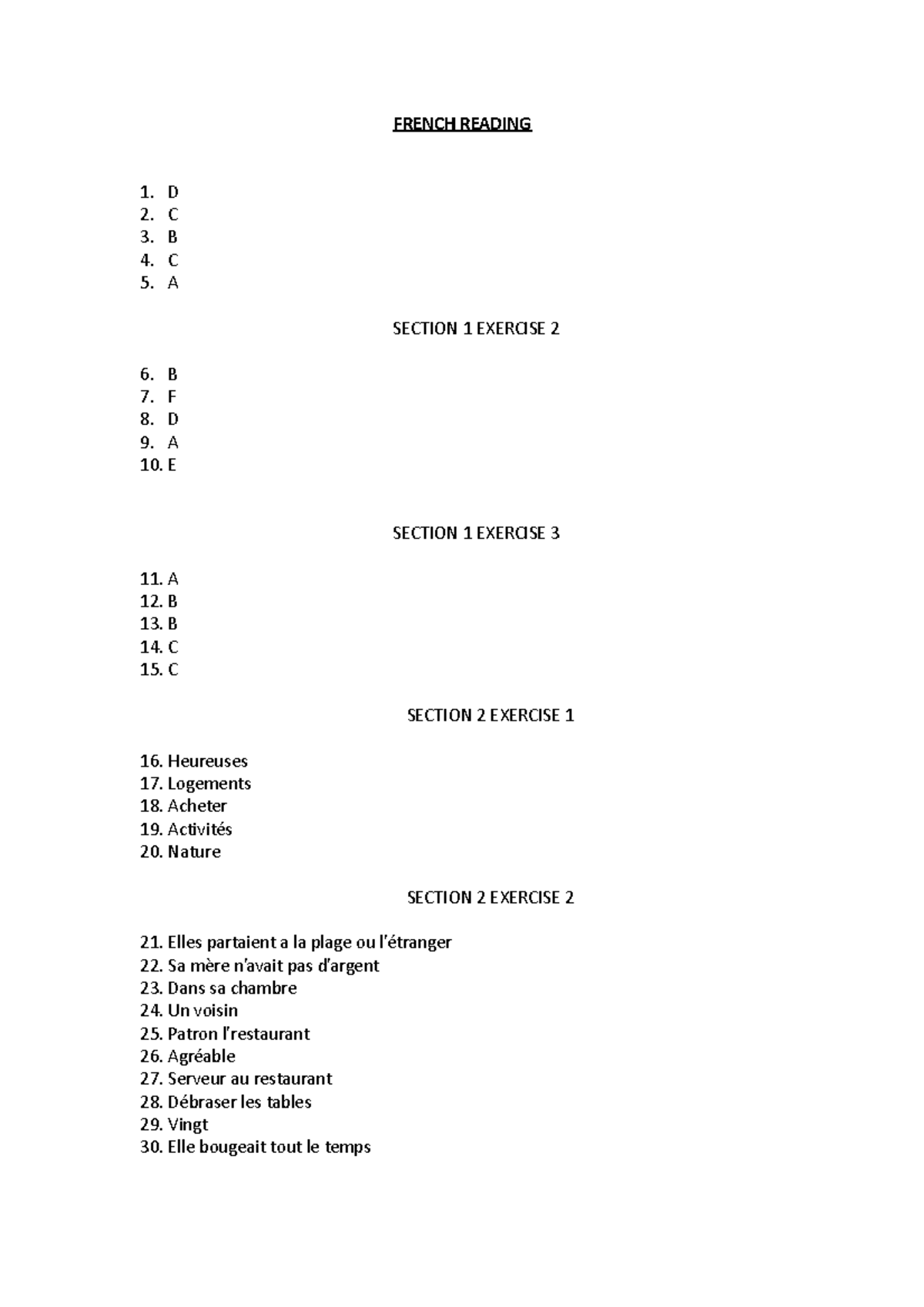 French Reading Classwork Parth - FRENCH READING 1. D 2. C 3. B 4. C 5 ...