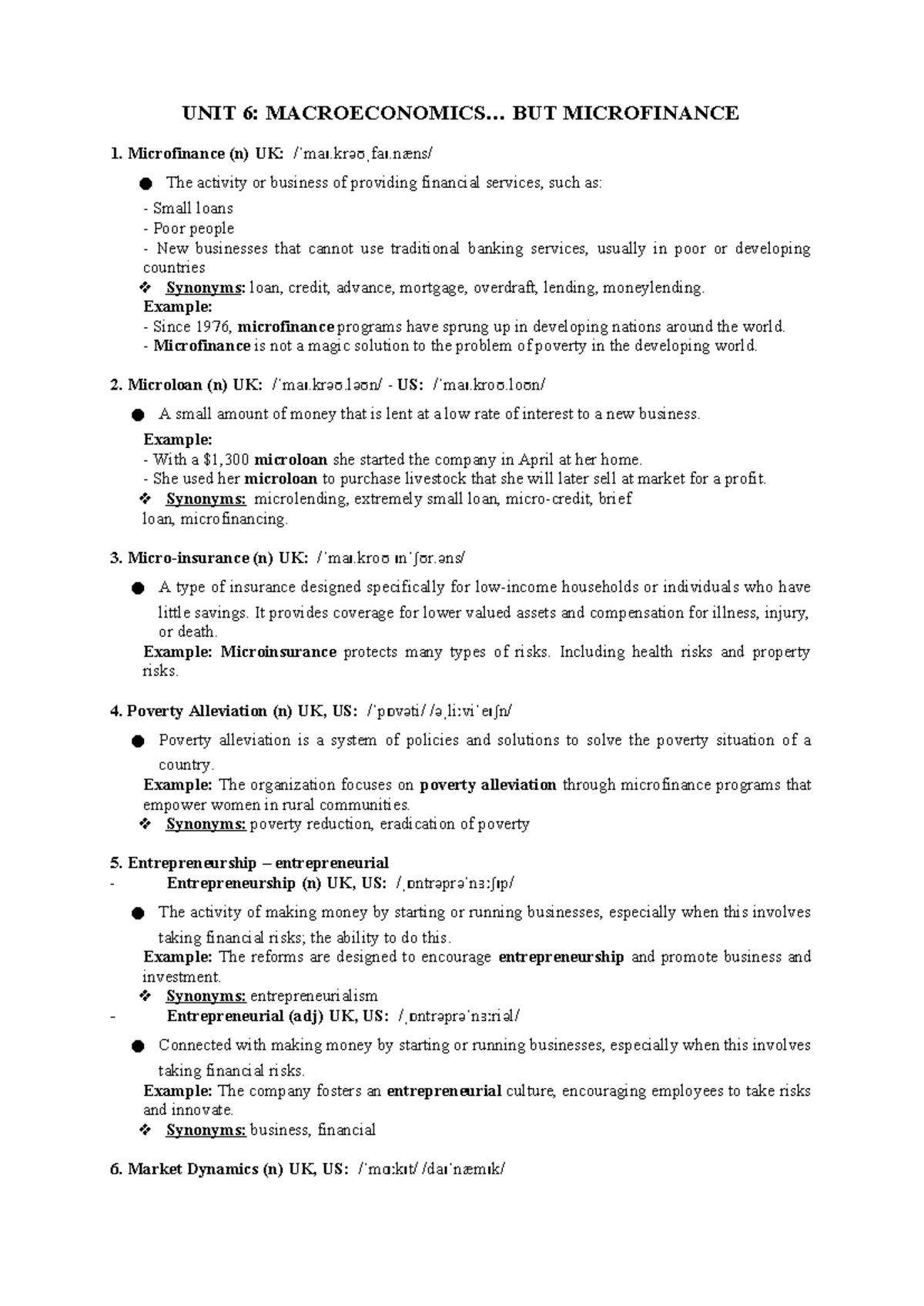 Unit 6 - UNIT 6: MACROECONOMICS... BUT MICROFINANCE Microfinance (n) UK ...