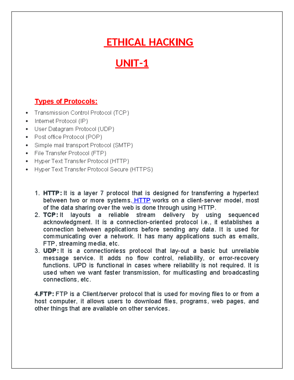 Ethical Hacking UNIT-1 - ETHICAL HACKING UNIT- Types of Protocols: Transmission Control Protocol ...