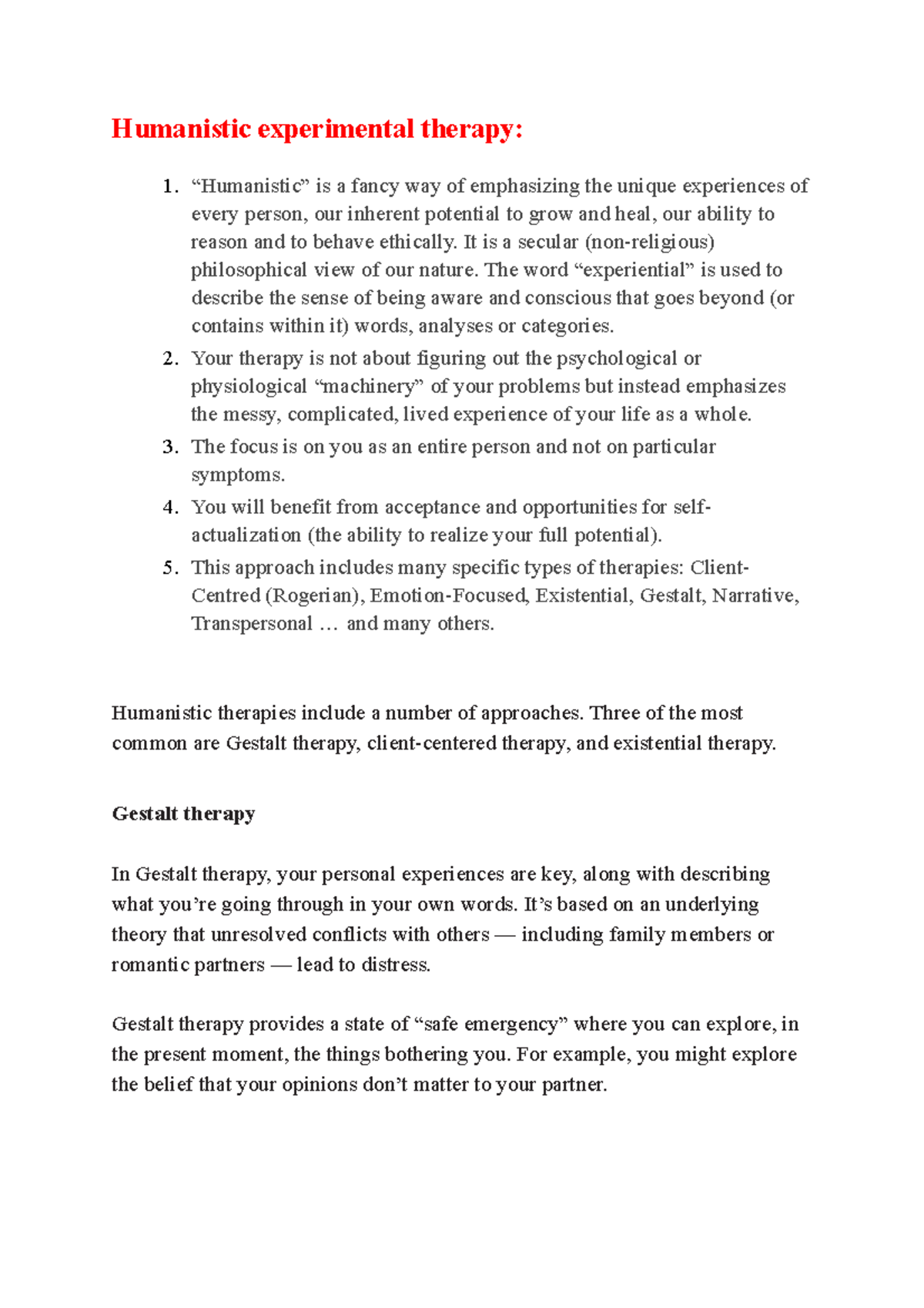 psychology assignments - Humanistic experimental therapy: “Humanistic ...