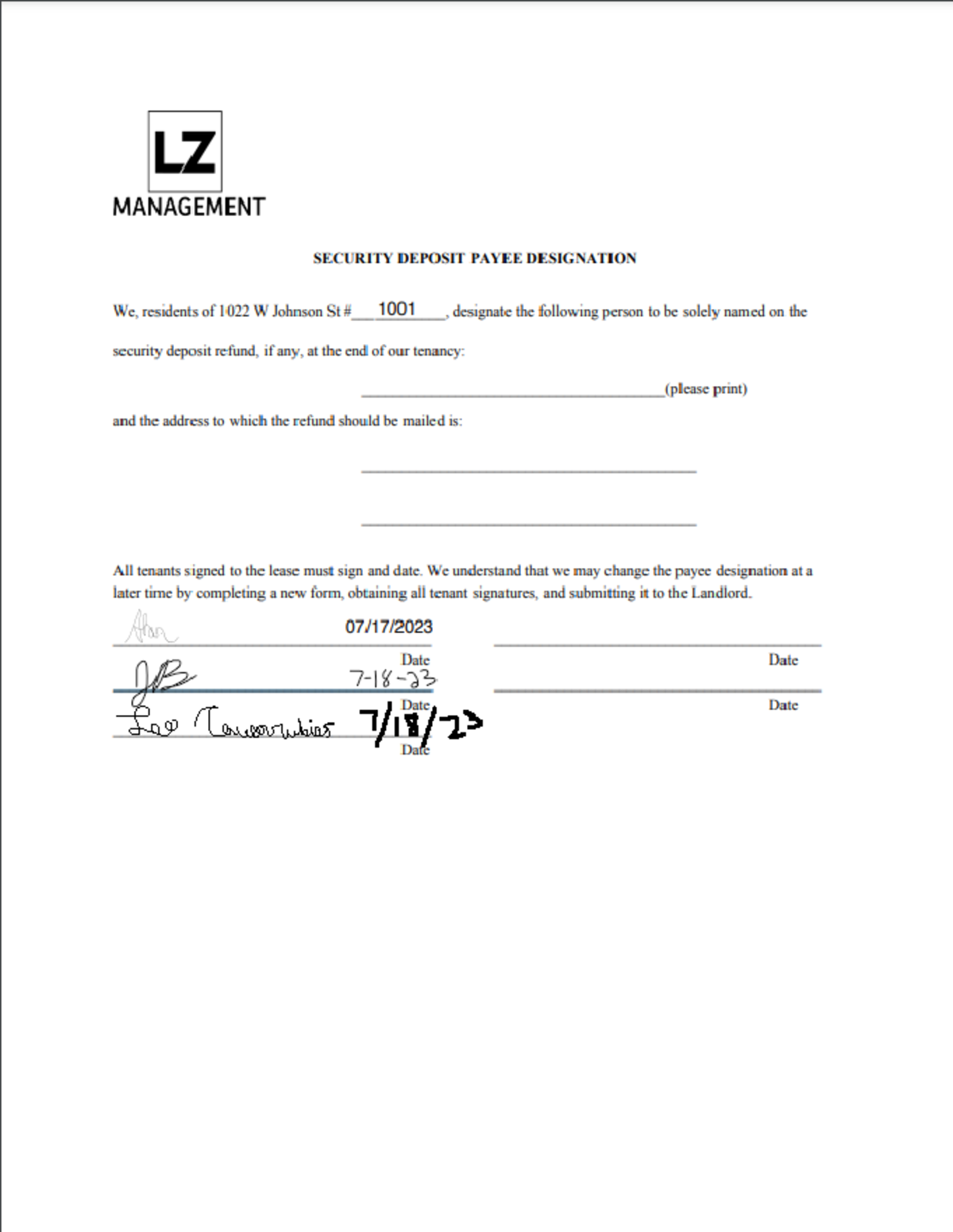 Sec Deposit 2023 - Save - LZ MANAGEMENT SECURITY DEPOSIT PAYEE ...