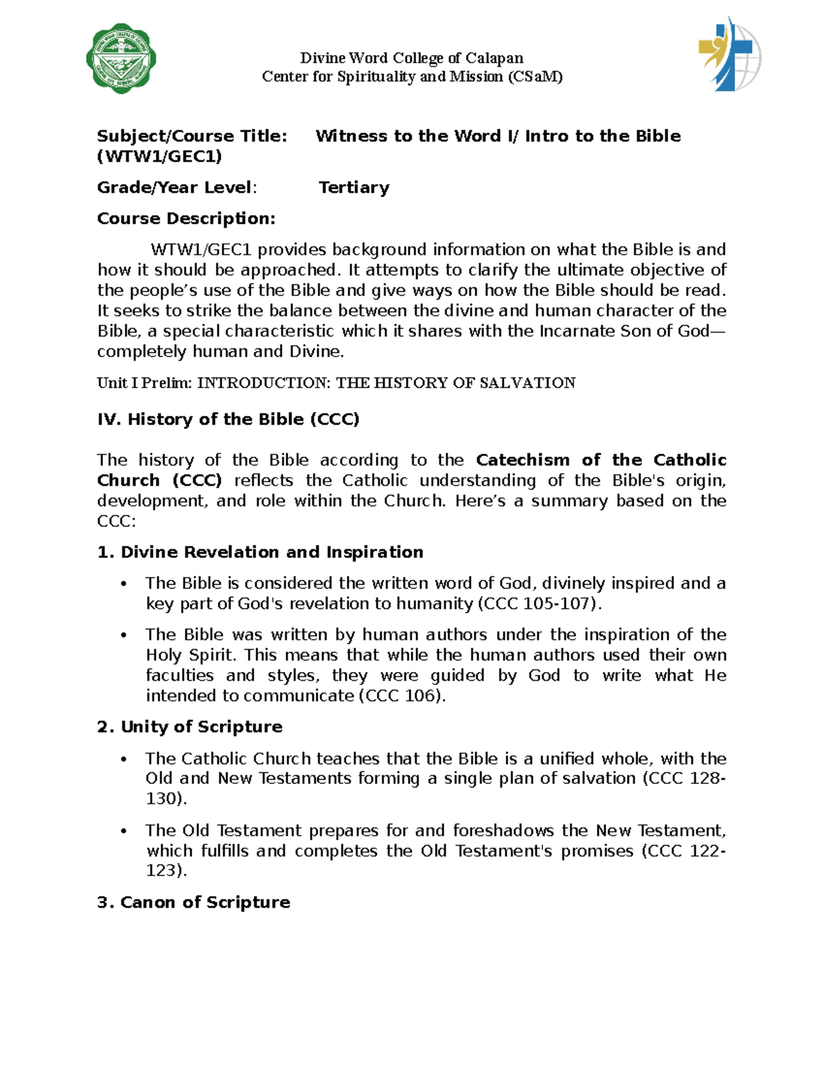 WTW1 and GEC1 - History of the Bible CCC M4 - Divine Word College of ...