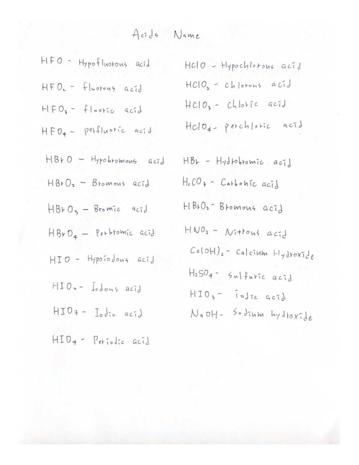 Acids Name - Acid name. - CHEM 161 - Studocu