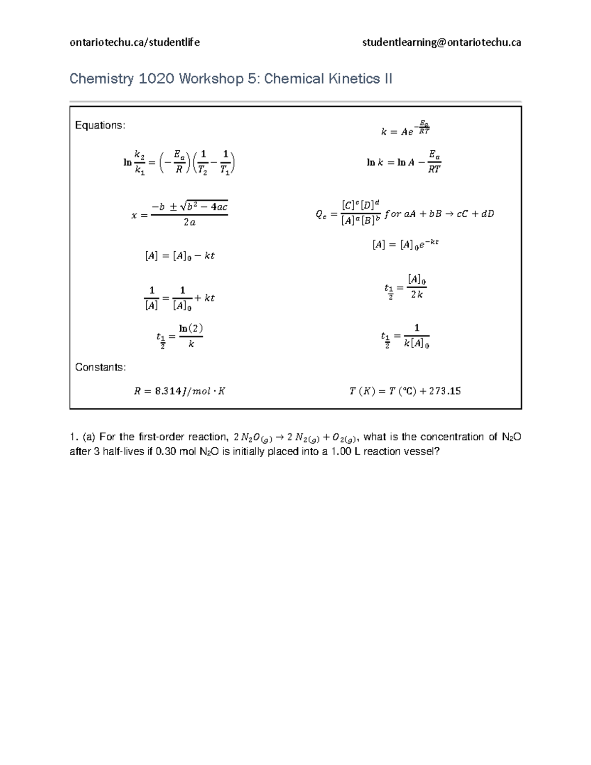WS 5 Kinetics II - Chemistry 1020 Workshop 5: Chemical Kinetics II ...